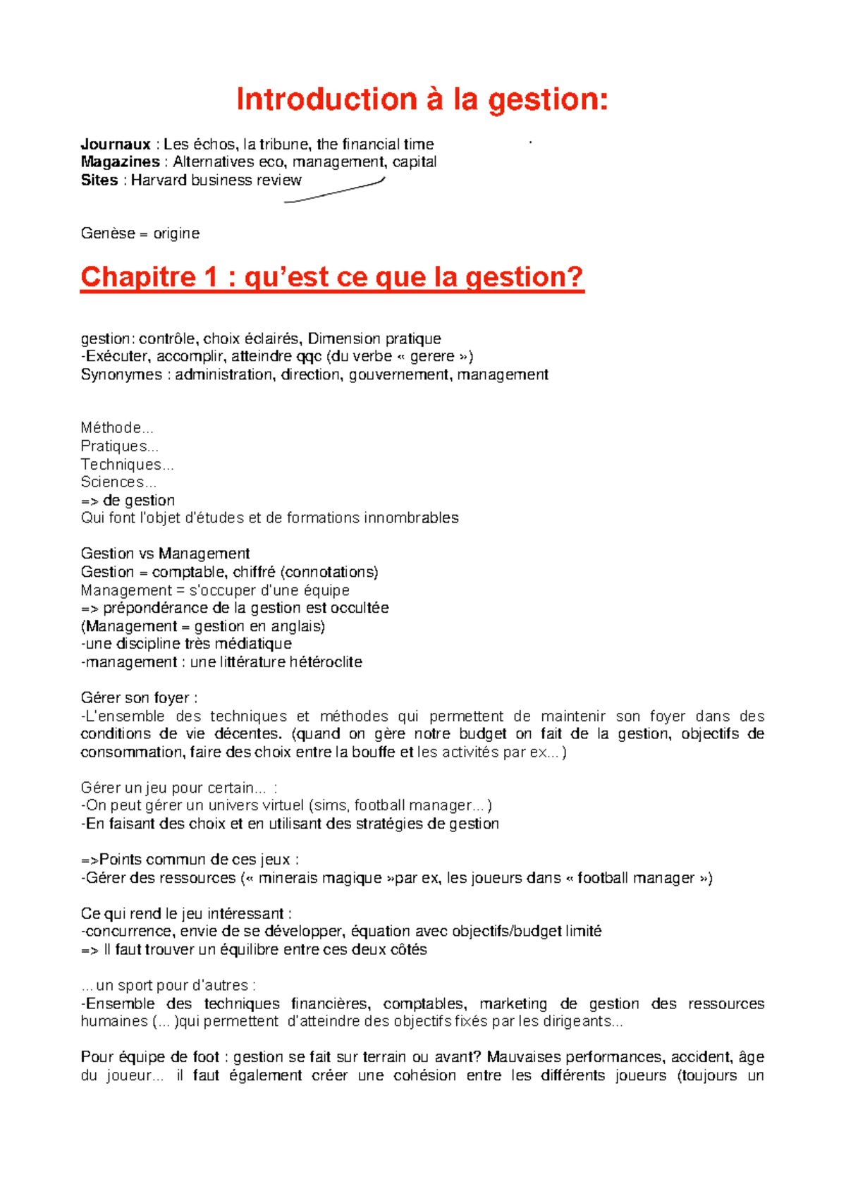 Intro à la gestion - Note de cours - Introduction à la gestion: Journaux : Les échos, la tribune ...