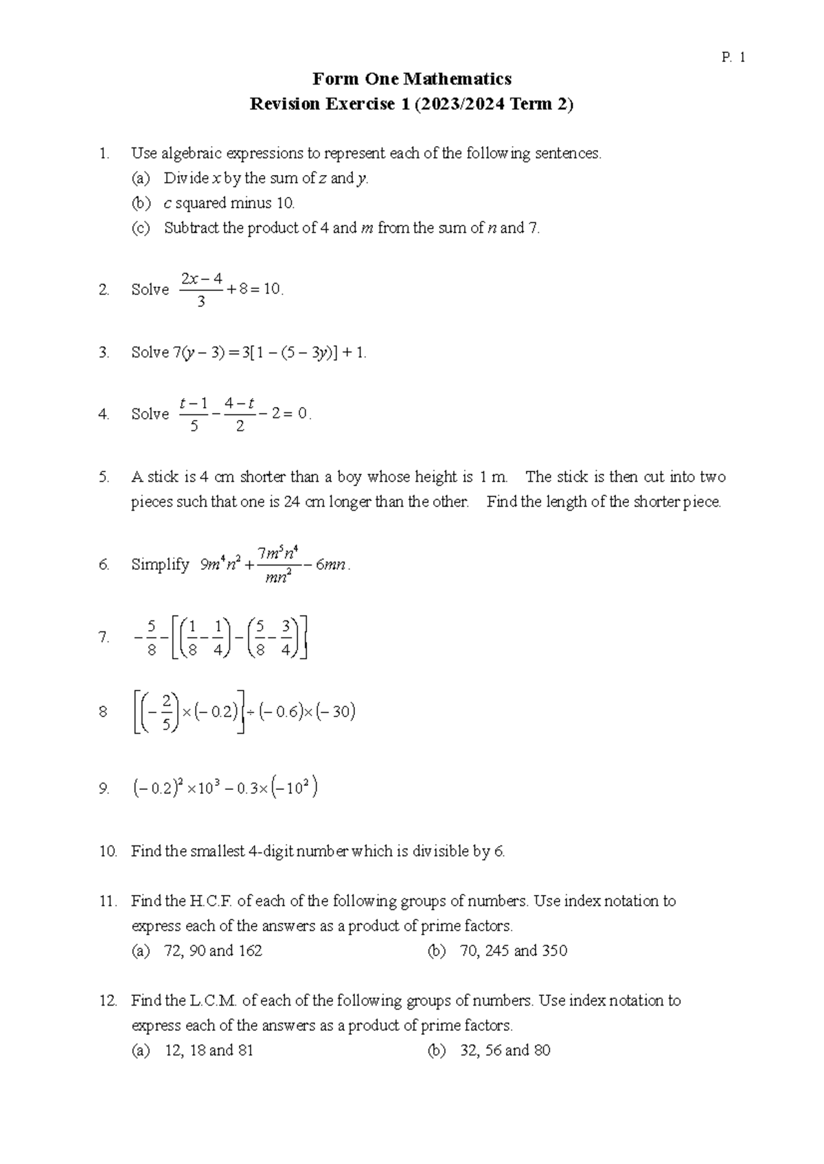 Final Exam Revision Exercise 1 (2324): Mathematics Concepts and ...