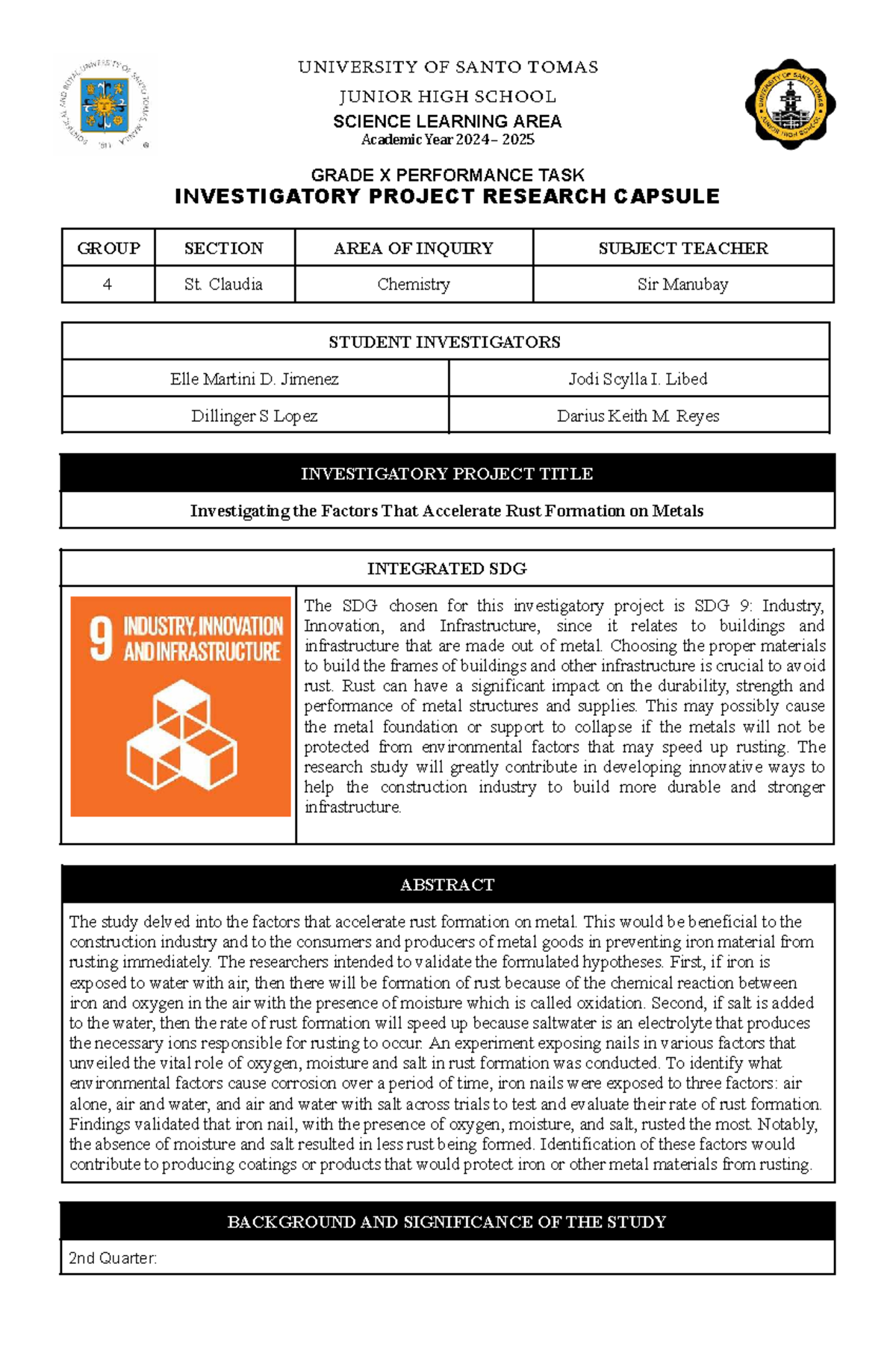 UST JHS Grade X Performance Task: Investigating Rust Formation Factors ...