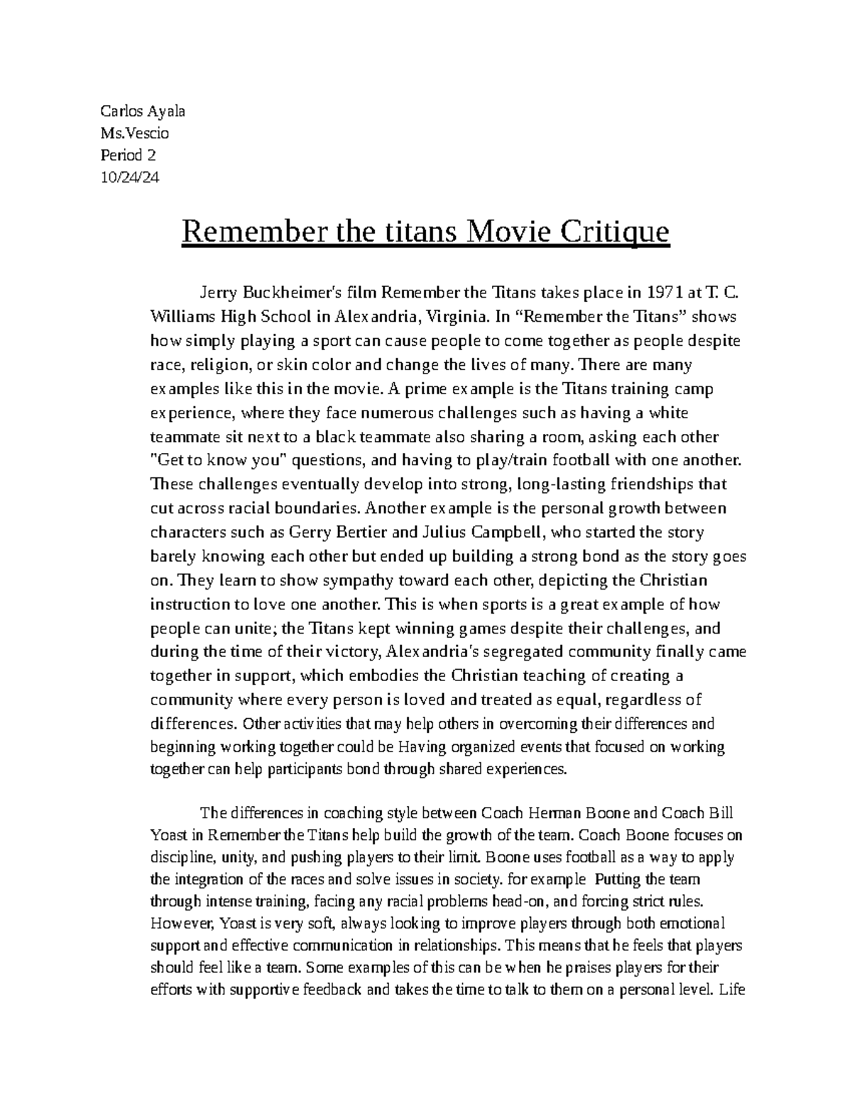 Remember the TItans Movie critique - Google Docs - Carlos Ayala Ms ...