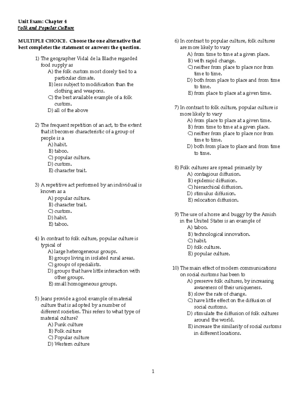 Chapter 4 Quiz: Folk and Popular Culture (AP Human Geography) - Studocu