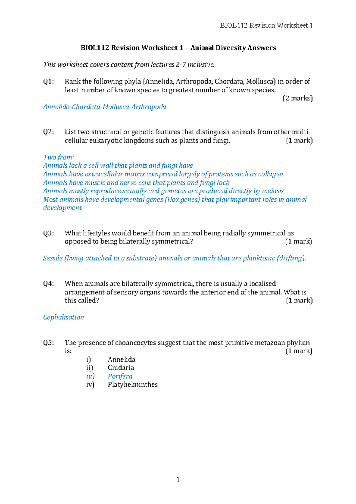 BIOL112 Revision Worksheet 1: Answers on Animal Diversity Concepts ...