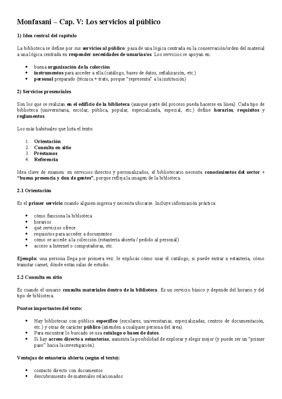 Monfasani Cap. V: Servicios al Público en Bibliotecas - Studocu