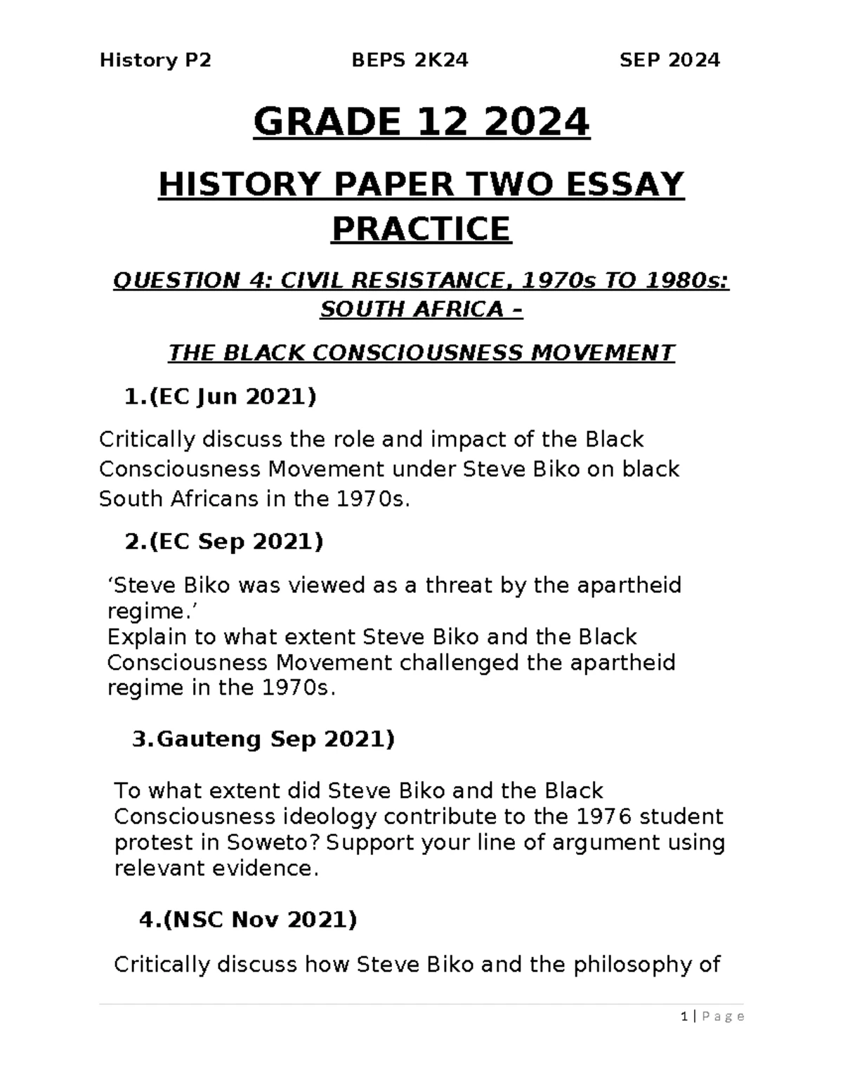 History Paper ONE Essay Revison 2024 - GRADE 12 2024 HISTORY PAPER ONE ESSAY PRACTICE QUESTION 4 ...