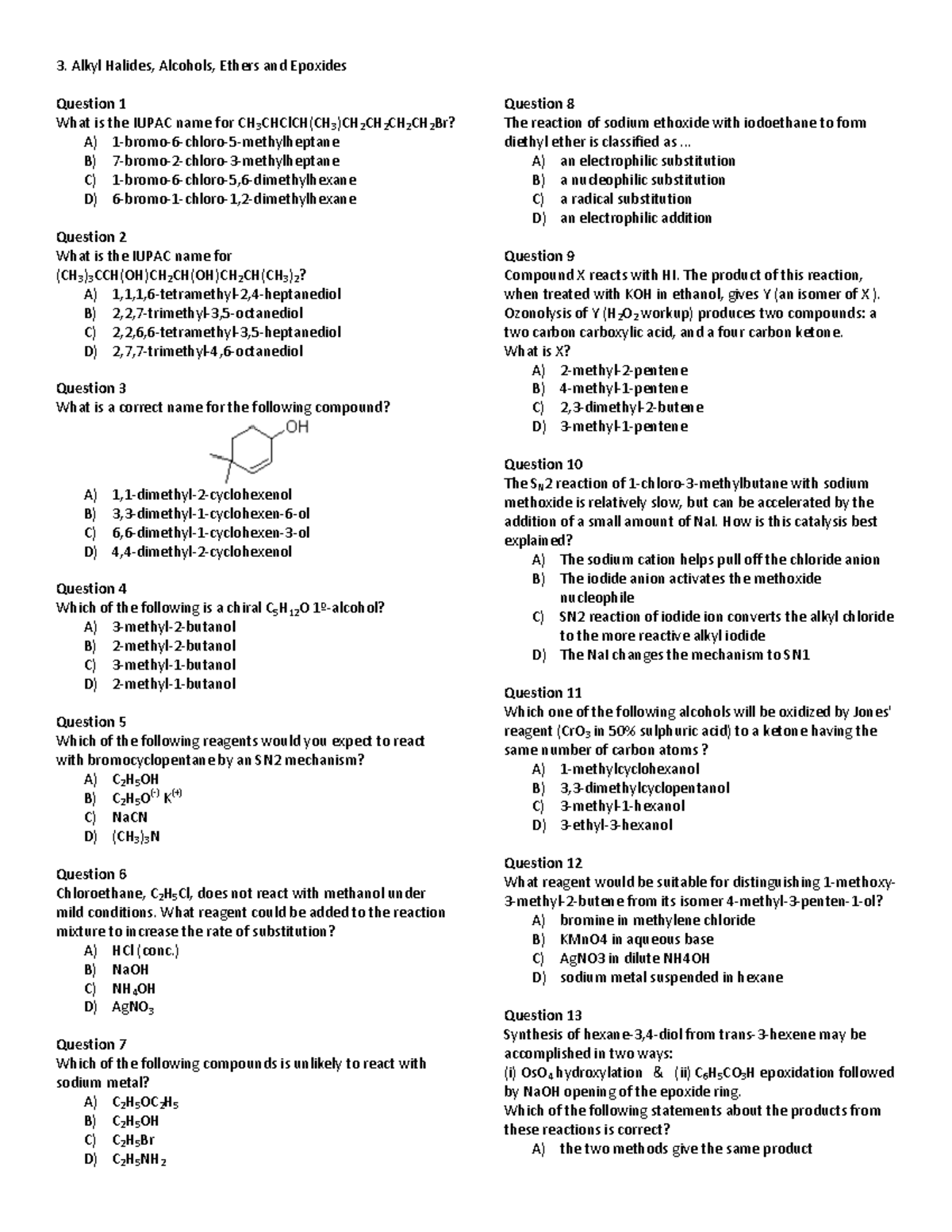 Organic Chemistry 463: Alkyl Halides, Alcohols, Ethers & Epoxides Exam ...