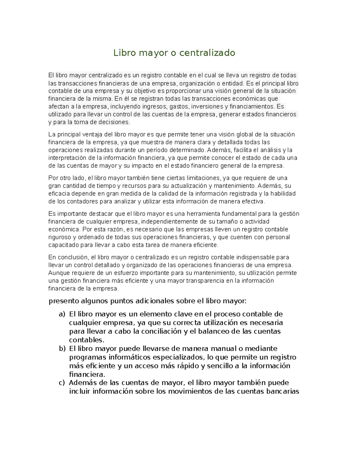 Libro Mayor Centralizado: Registro Contable y Su Importancia - Studocu