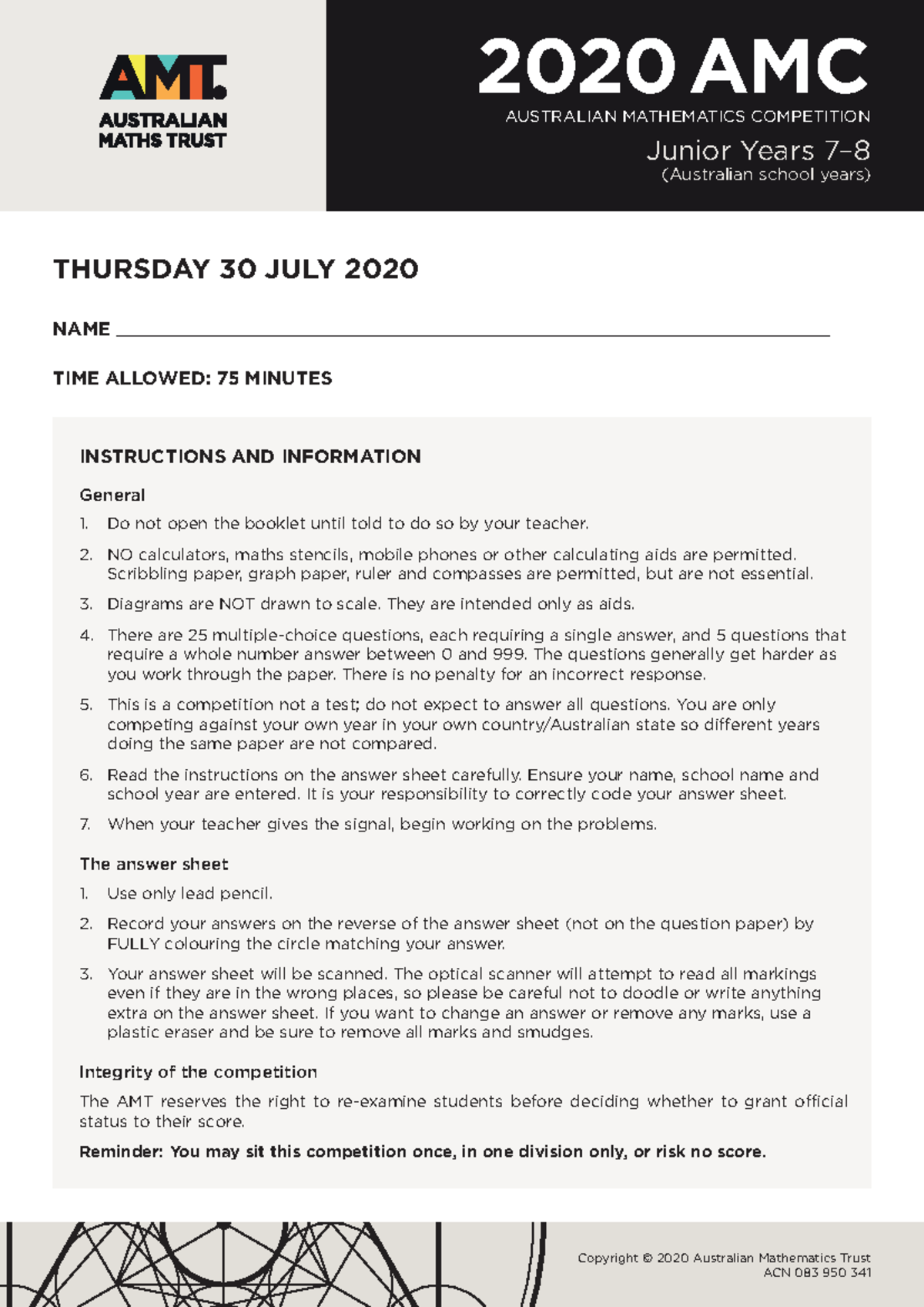 2020 AMC Junior Mathematics Competition Practice Questions - Studocu