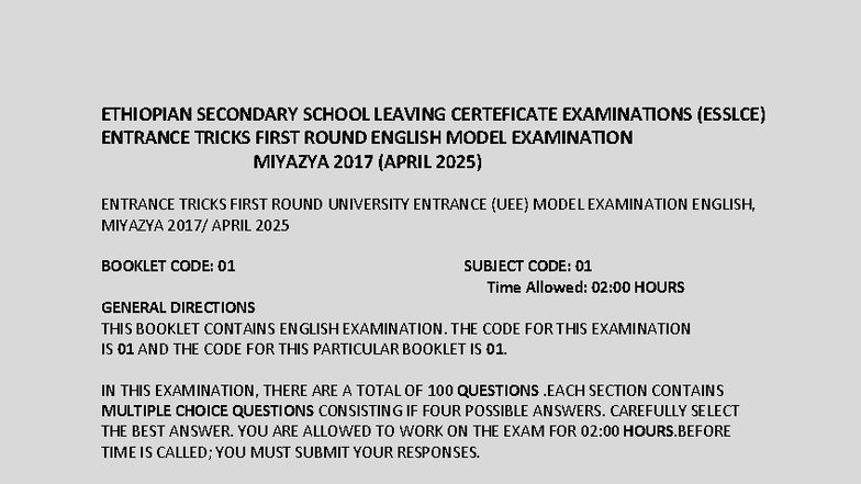 Ethiopian Secondary School Leaving Certificate Exam (ESSLCE) English ...