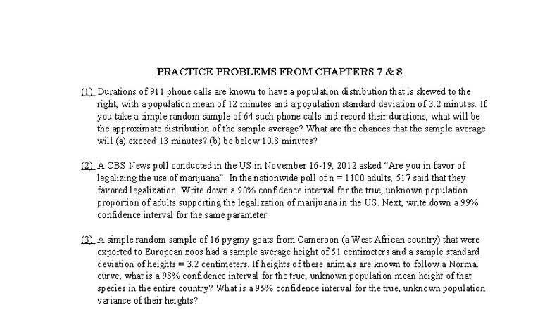 Practice Problems for Statistics (Course Code: STAT 101) - Chapters 7 ...