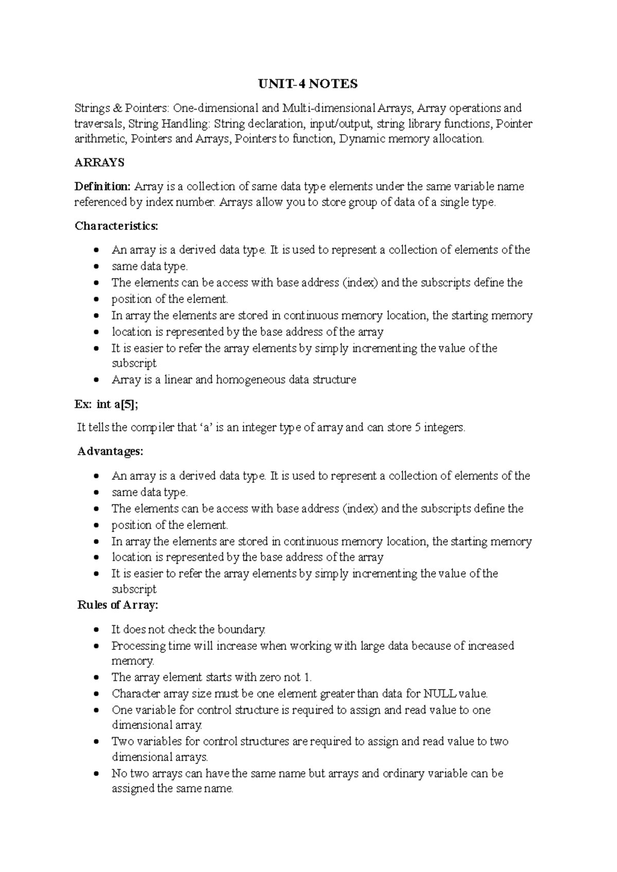 Unit-4 Notes: Strings, Pointers, Arrays & Dynamic Memory in C - Studocu