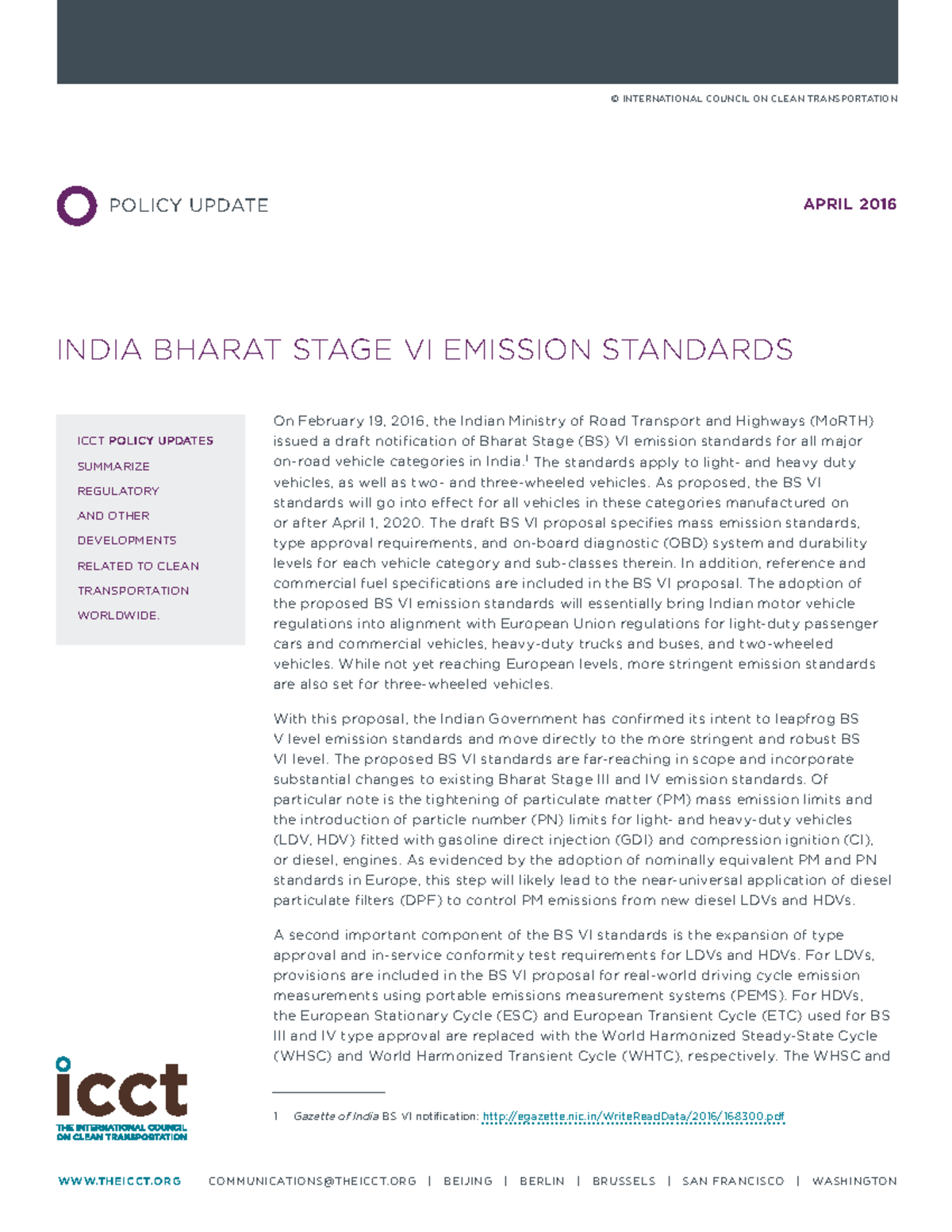ICCT Policy Update: India Bharat Stage VI Emission Standards Overview ...