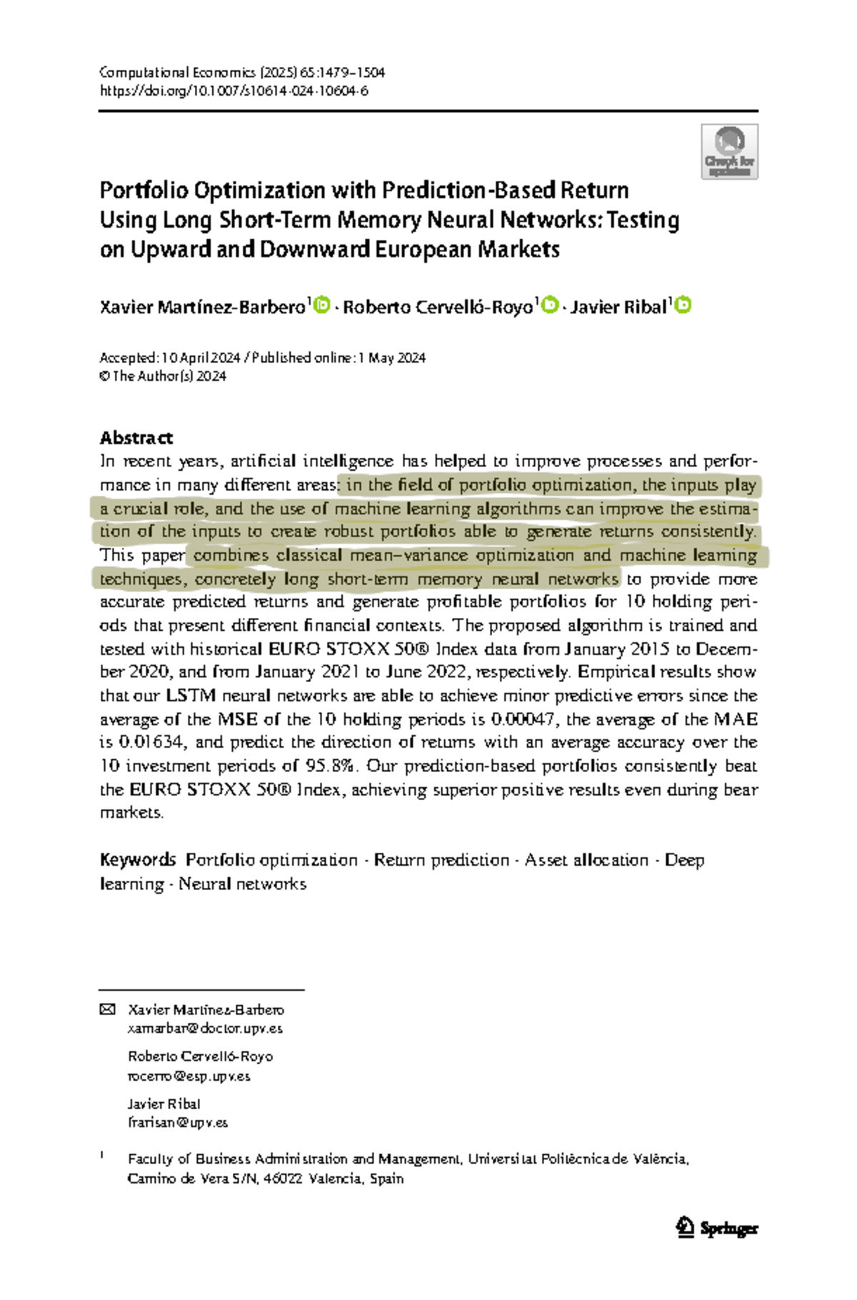 S10614024106046: Portfolio Optimization Using LSTM for European Markets ...
