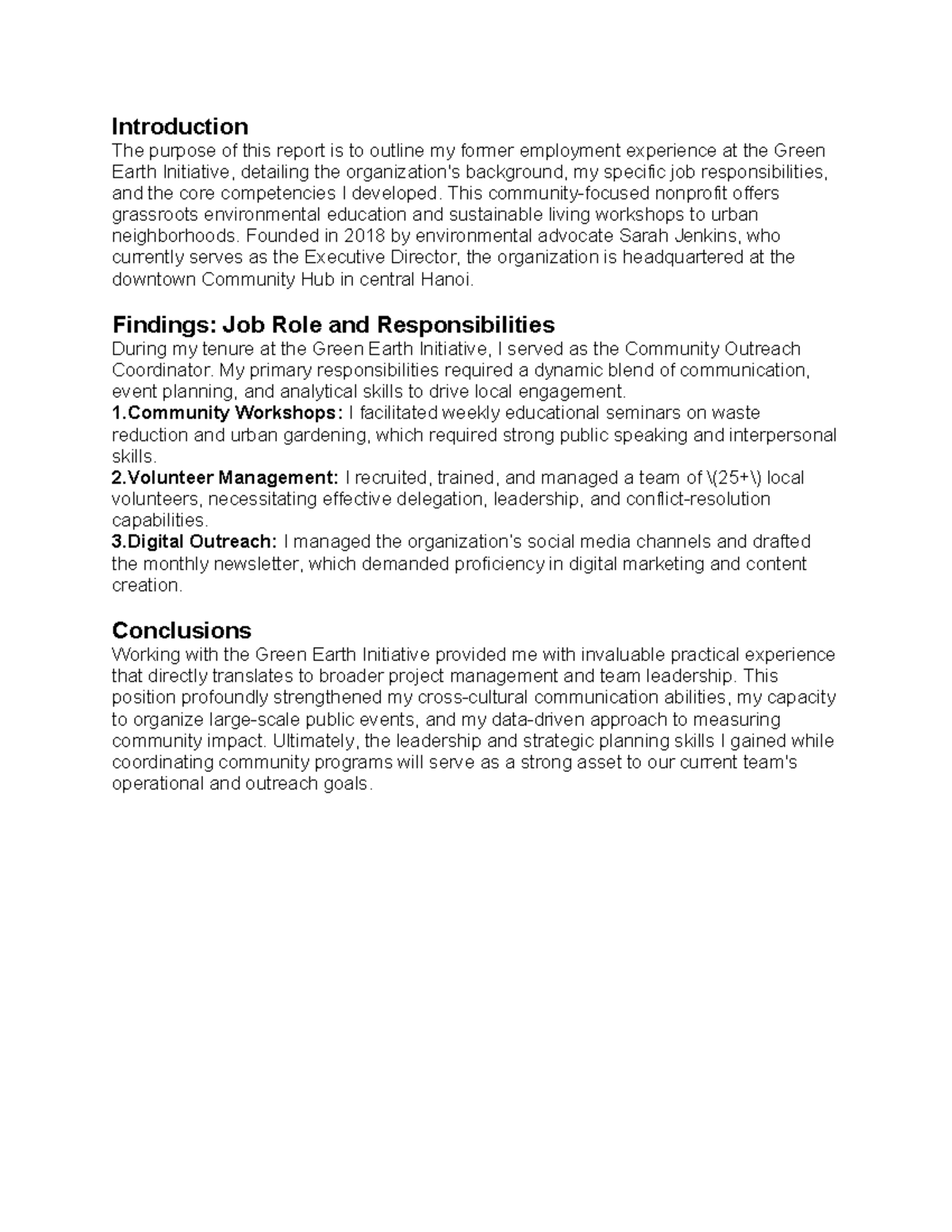 Informational Report: Employment Experience at Green Earth Initiative ...
