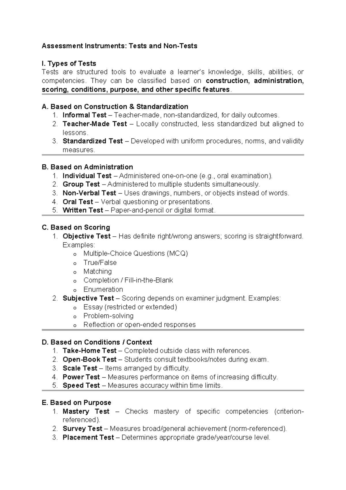Assessment Instruments: Types of Tests and Alternative Assessments ...