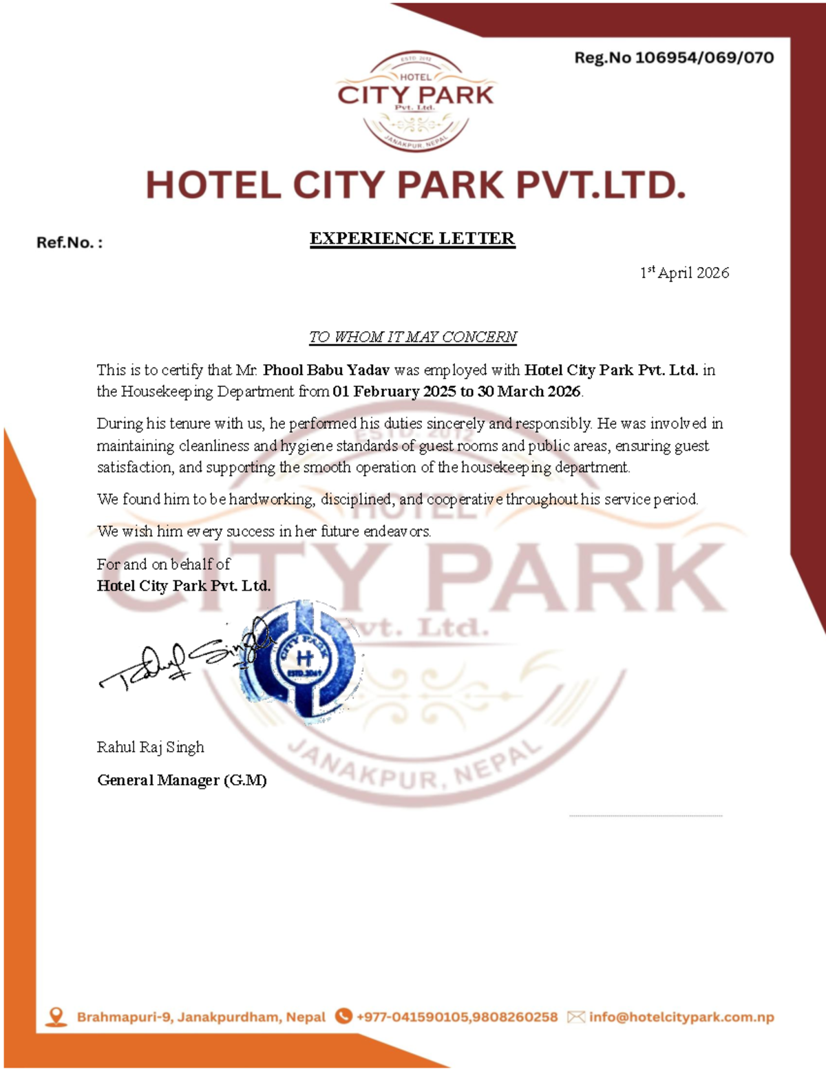 Certificate of Experience for Phool Babu Yadav - Housekeeping - Studocu