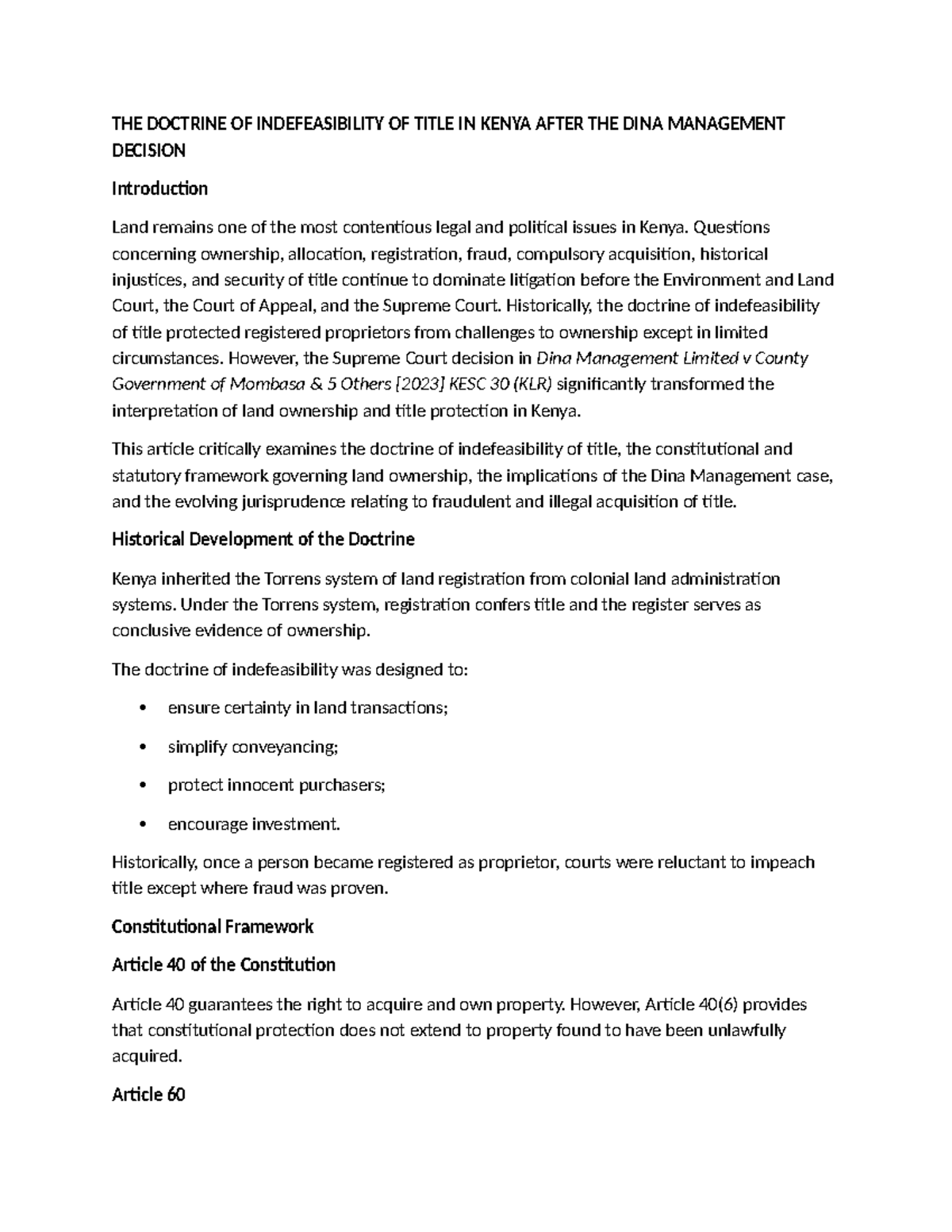 The Doctrine of Indefeasibility of Title in Kenya Post-Dina Management ...