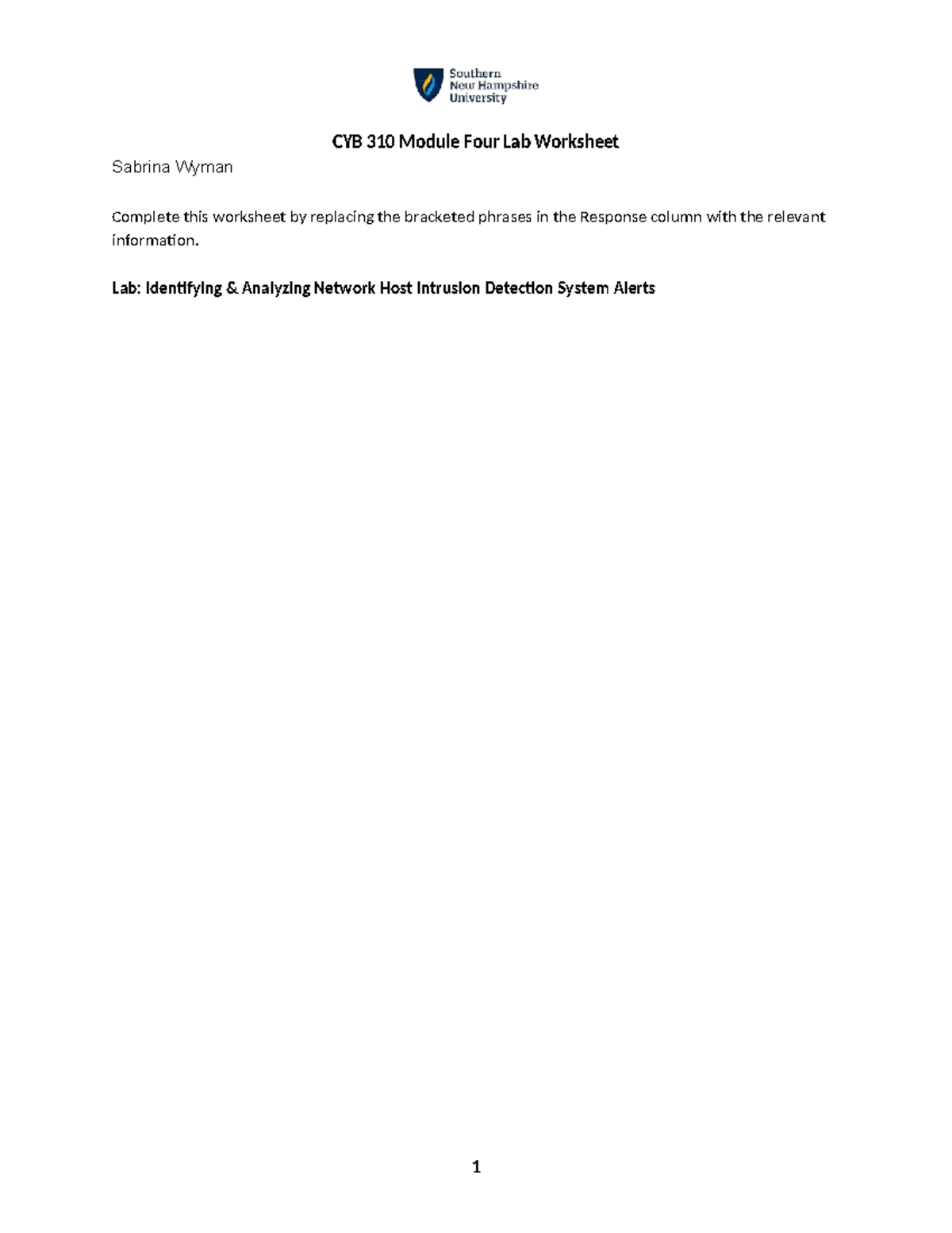 CYB 310 Module 4 Lab Worksheet: Network Intrusion Detection Analysis - Studocu