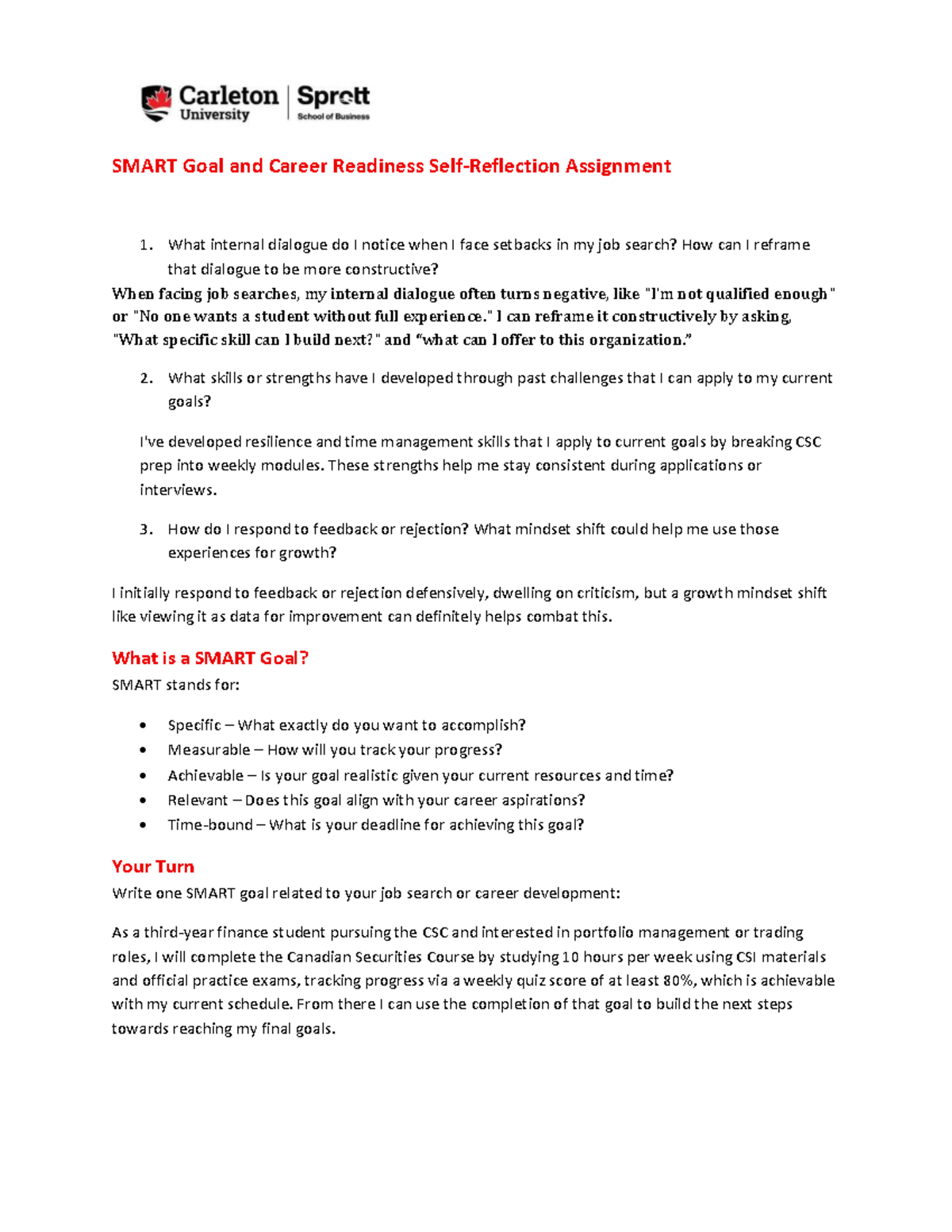 Career Readiness & SMART Goal Reflection Assignment 1 - Studocu