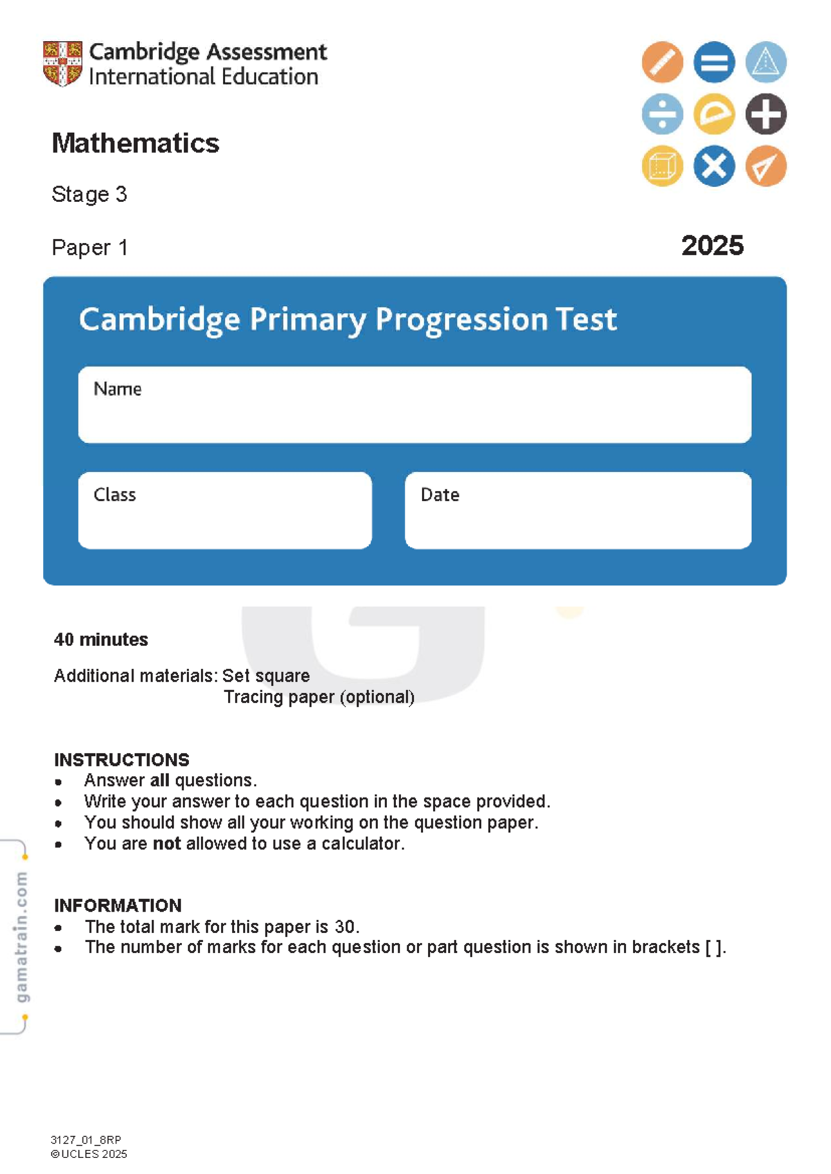 Mathematics Stage 3 Paper 1 - 40 Min Exam (UCLES 2025) - Studocu