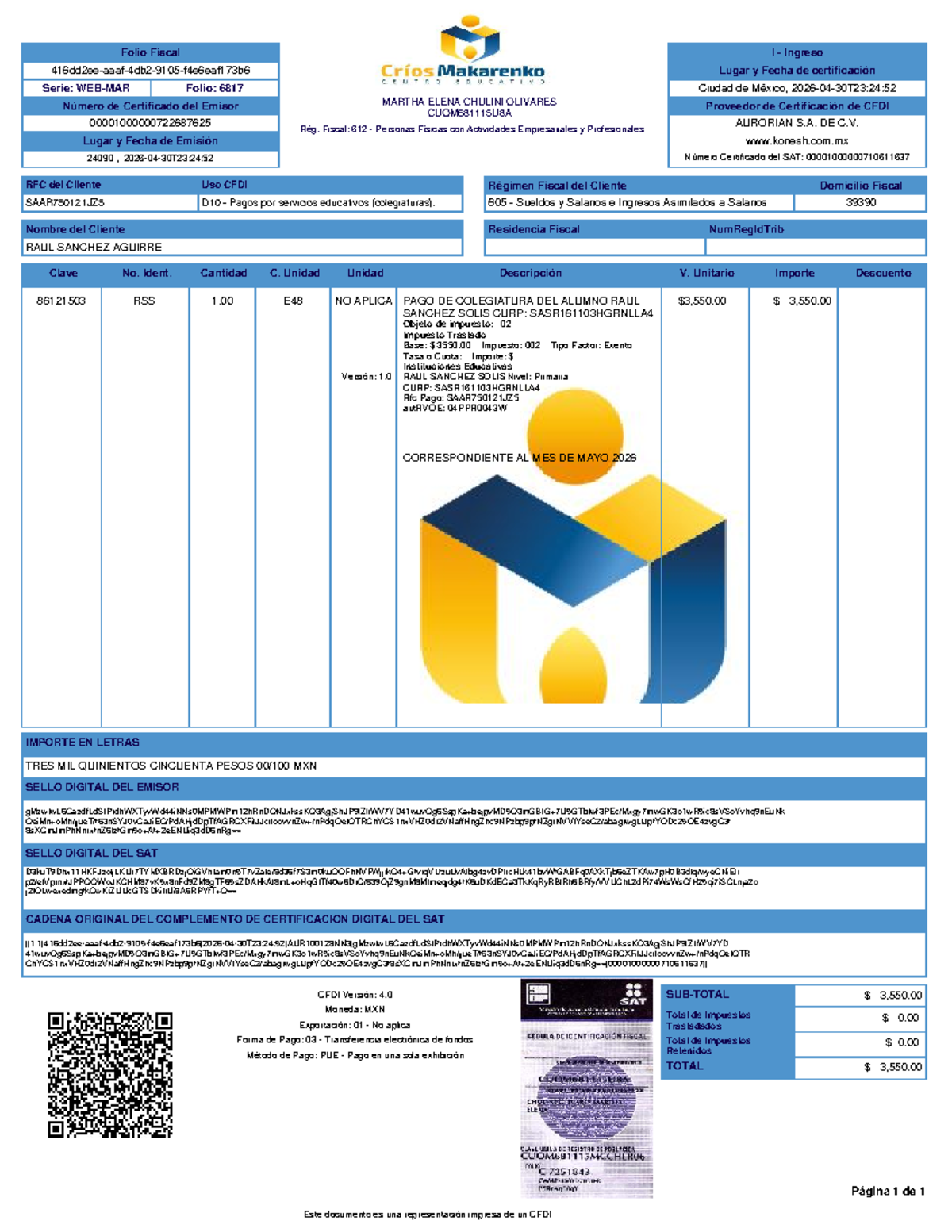 Certificación CFDI: Folio Fiscal I - SAAR750121 JZ5 - Mayo 2026 - Studocu