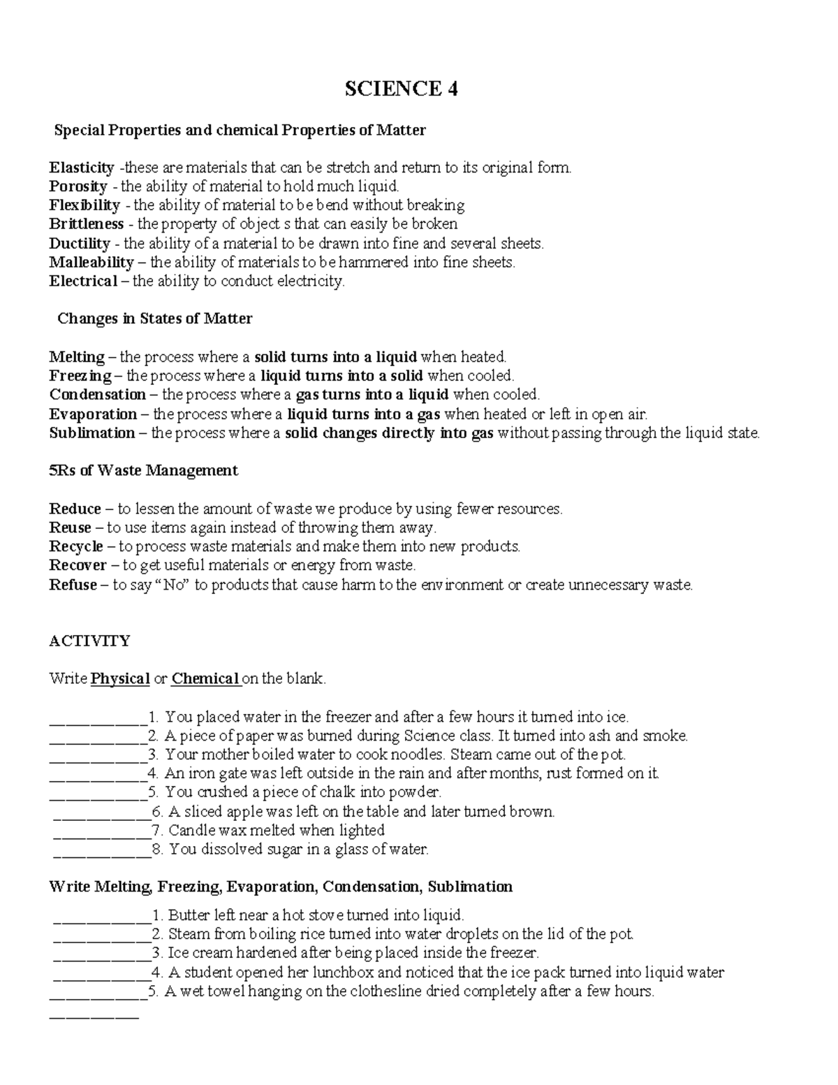 SCIENCE 4 Final Exam Review: Properties of Matter & Changes - Studocu