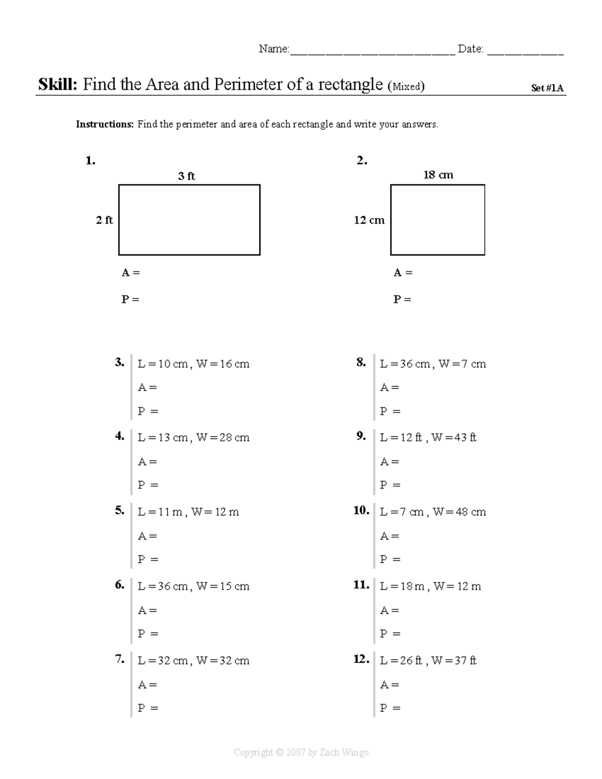 Area and Perimeter Worksheet-1: Rectangles (Mixed) - Studocu