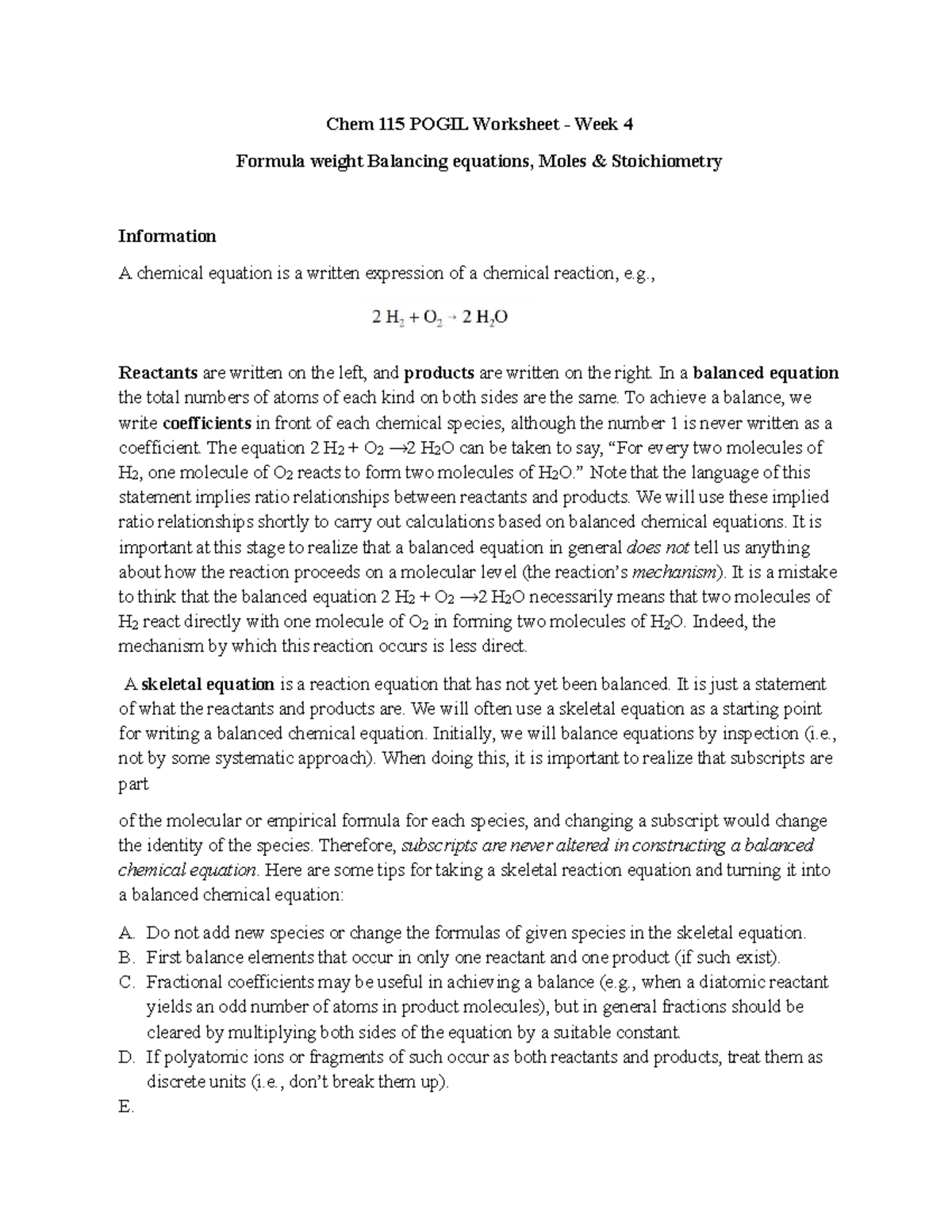 Chem 115 Week 4 POGIL: Balancing Equations & Stoichiometry - Studocu
