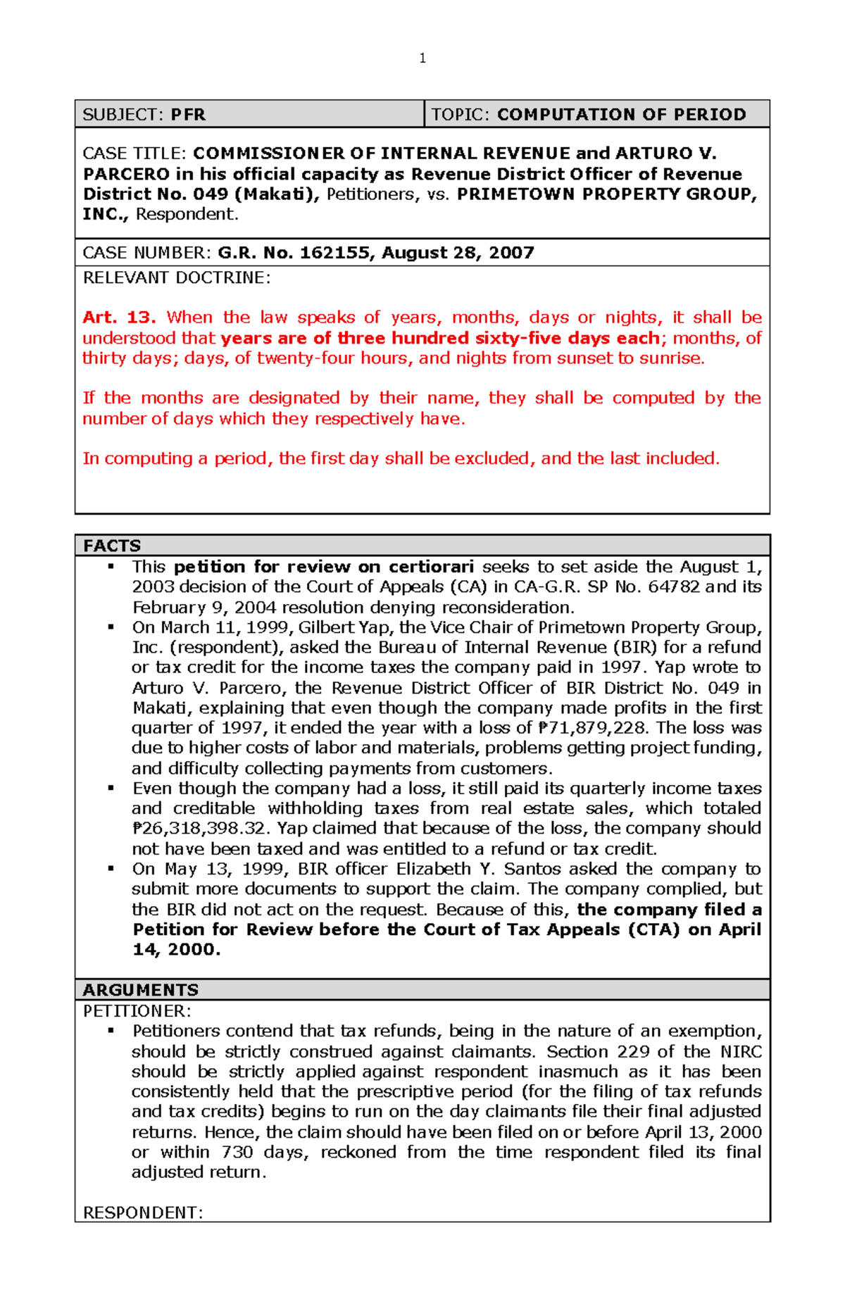PFR Case Study: Commissioner of Internal Revenue vs. Primetown Property ...