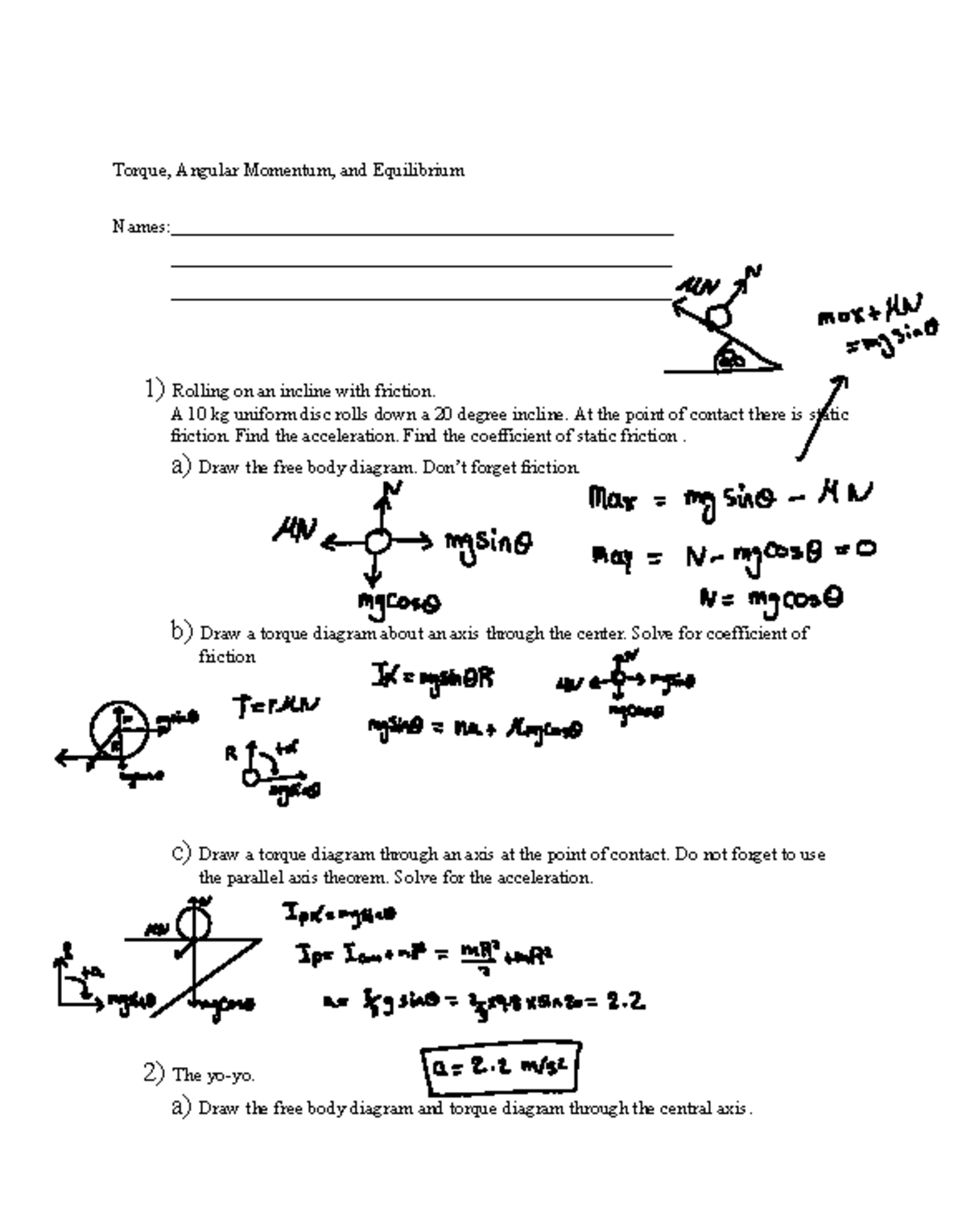 Chapter 11 Worksheet - Torque, Angular Momentum & Equilibrium Analysis ...