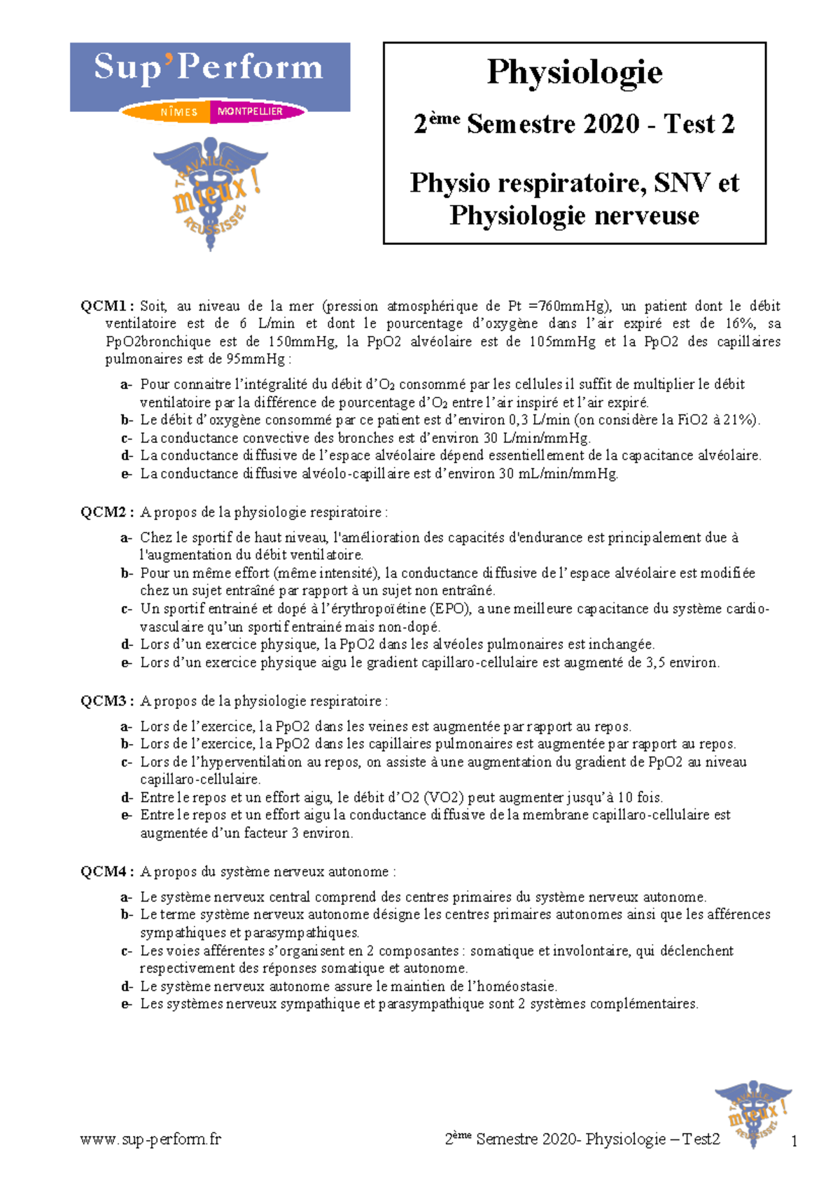 DS20-Physio-3-Test 2: Physio Respiratoire et SNV - QCM Examen - Studocu