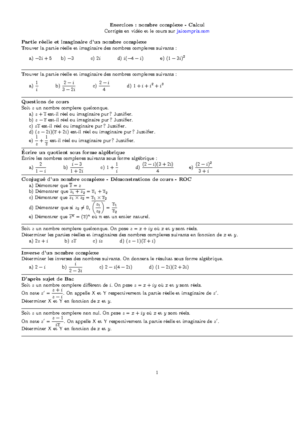 Exercices sur les Nombres Complexes - Cours ROC - Studocu