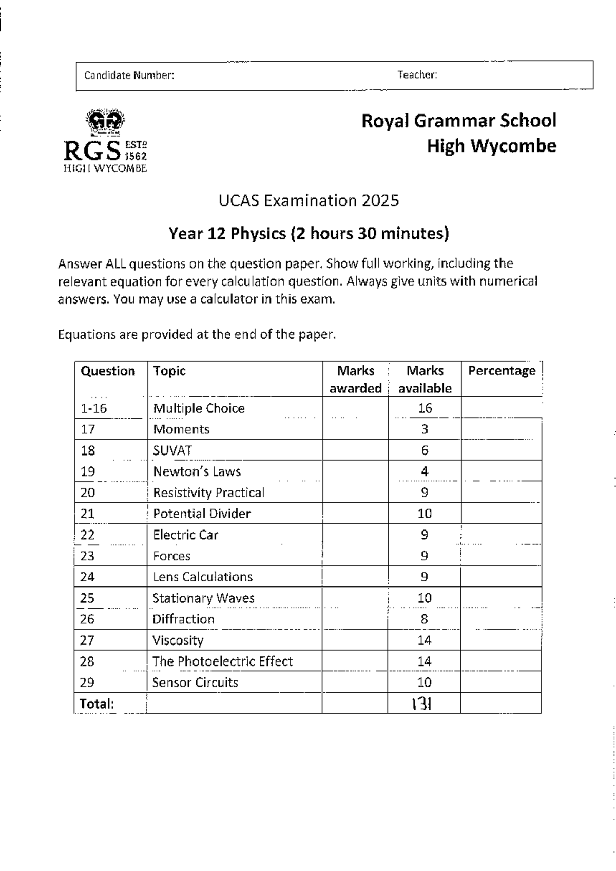Y12 Physics UCAS Exam 2025 - Comprehensive Question Guide - Studocu