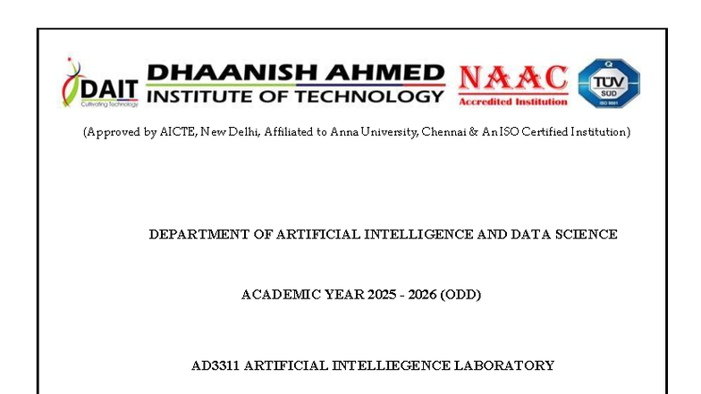 AD3311 Artificial Intelligence Laboratory Practical Record - Studocu