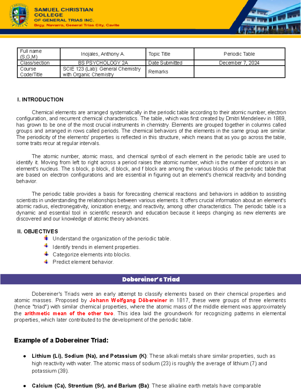 (LAB) Periodic Table - Science - Full name (S,G,M) Inojales, Anthony A ...