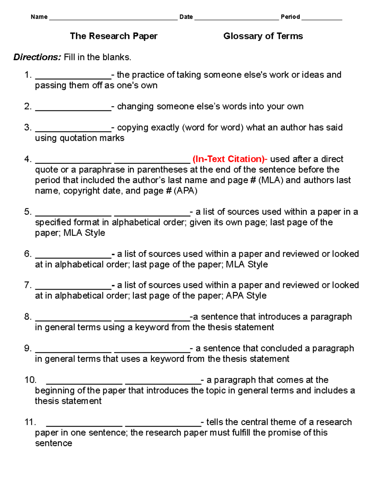 ENG 101 - Research Paper Glossary of Terms Study Guide - Studeersnel