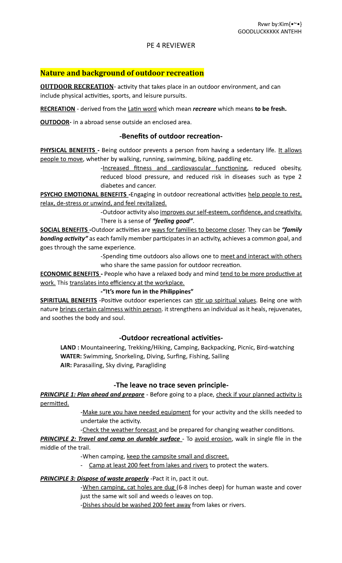 PE4 Reviewer: Nature, Benefits, and Principles of Outdoor Recreation ...