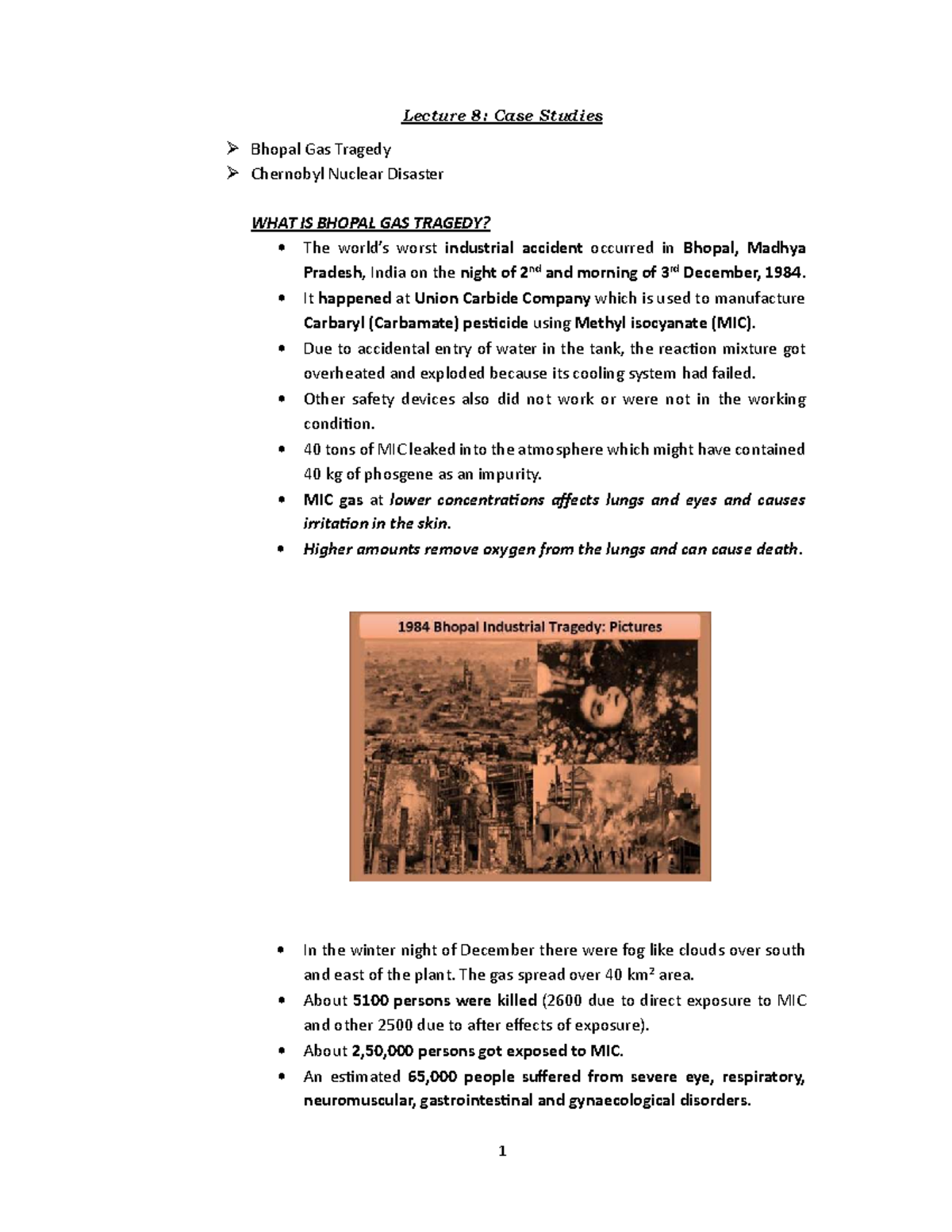 Lecture 8: Case Studies on Bhopal Gas & Chernobyl Disasters - Studocu