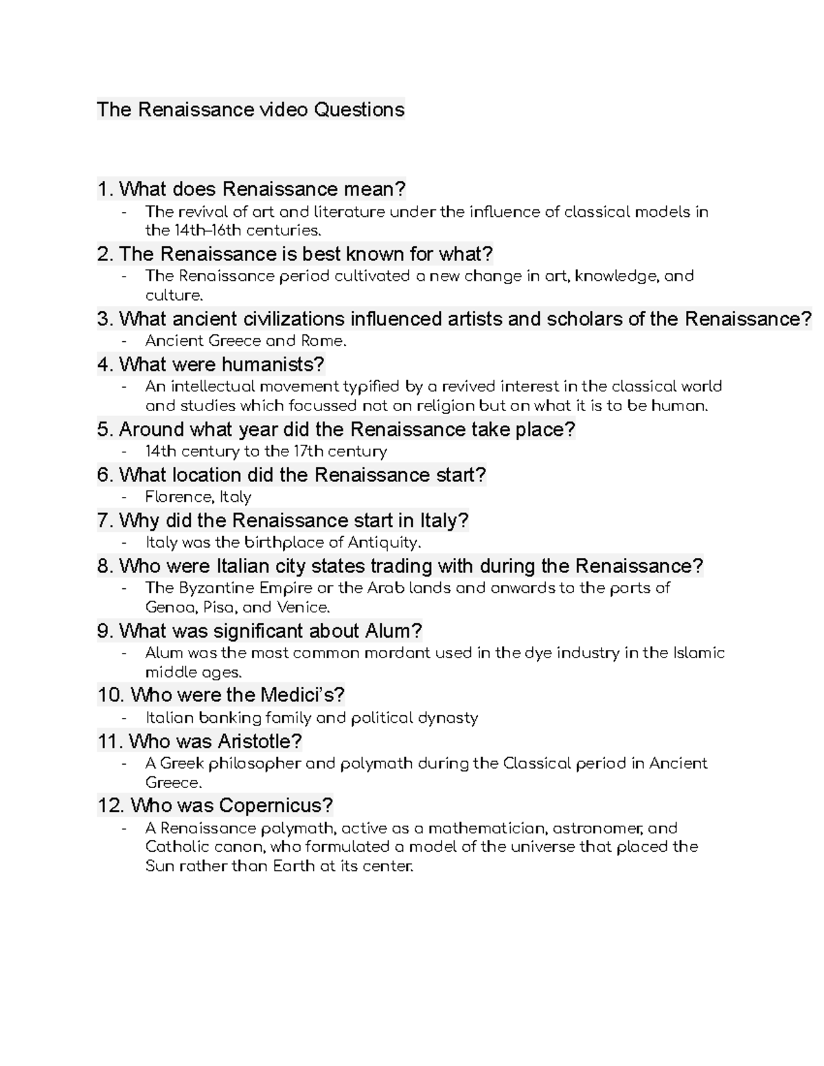Renaissance Crash Course Worksheet: Key Questions and Answers - Studocu