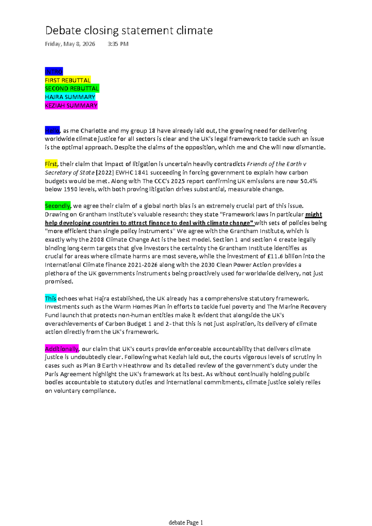 Debate Closing Statement: Climate Justice Arguments (Group 18) - Studocu