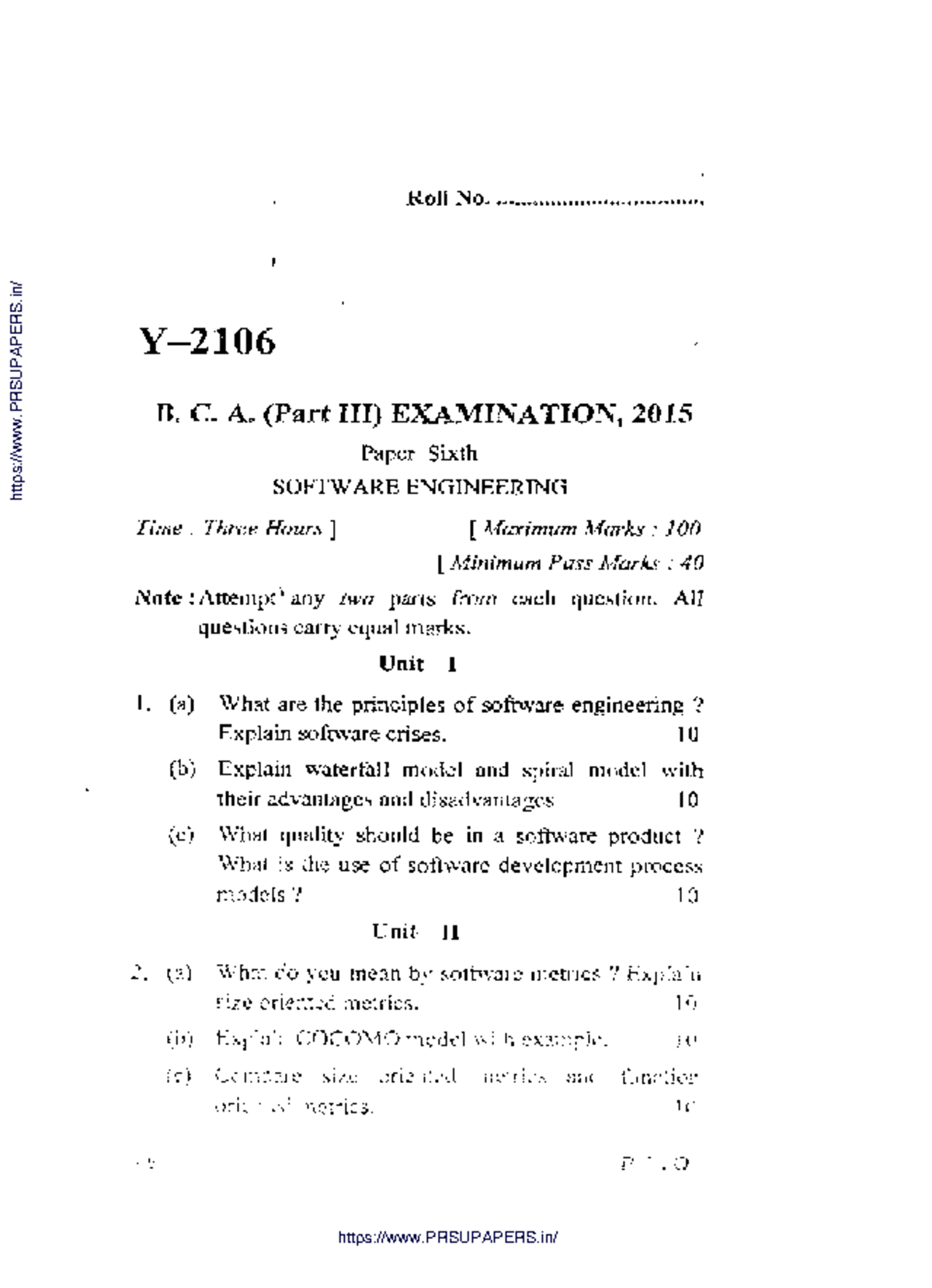 BCA Part 3 Software Engineering Exam Paper 6 - 2015 - Studocu
