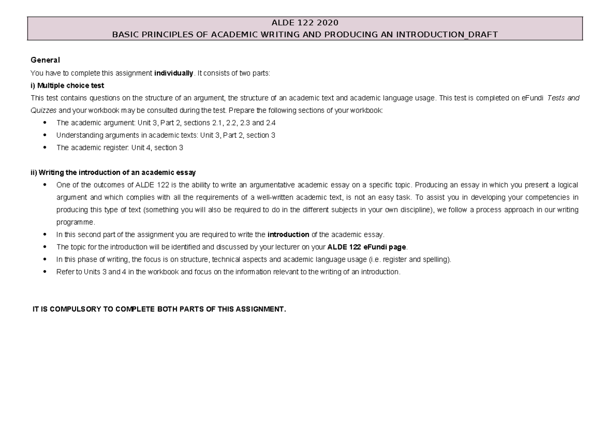 ALDE 122 2020 Academic Writing: MC Test & Essay Intro Guidelines - Studocu