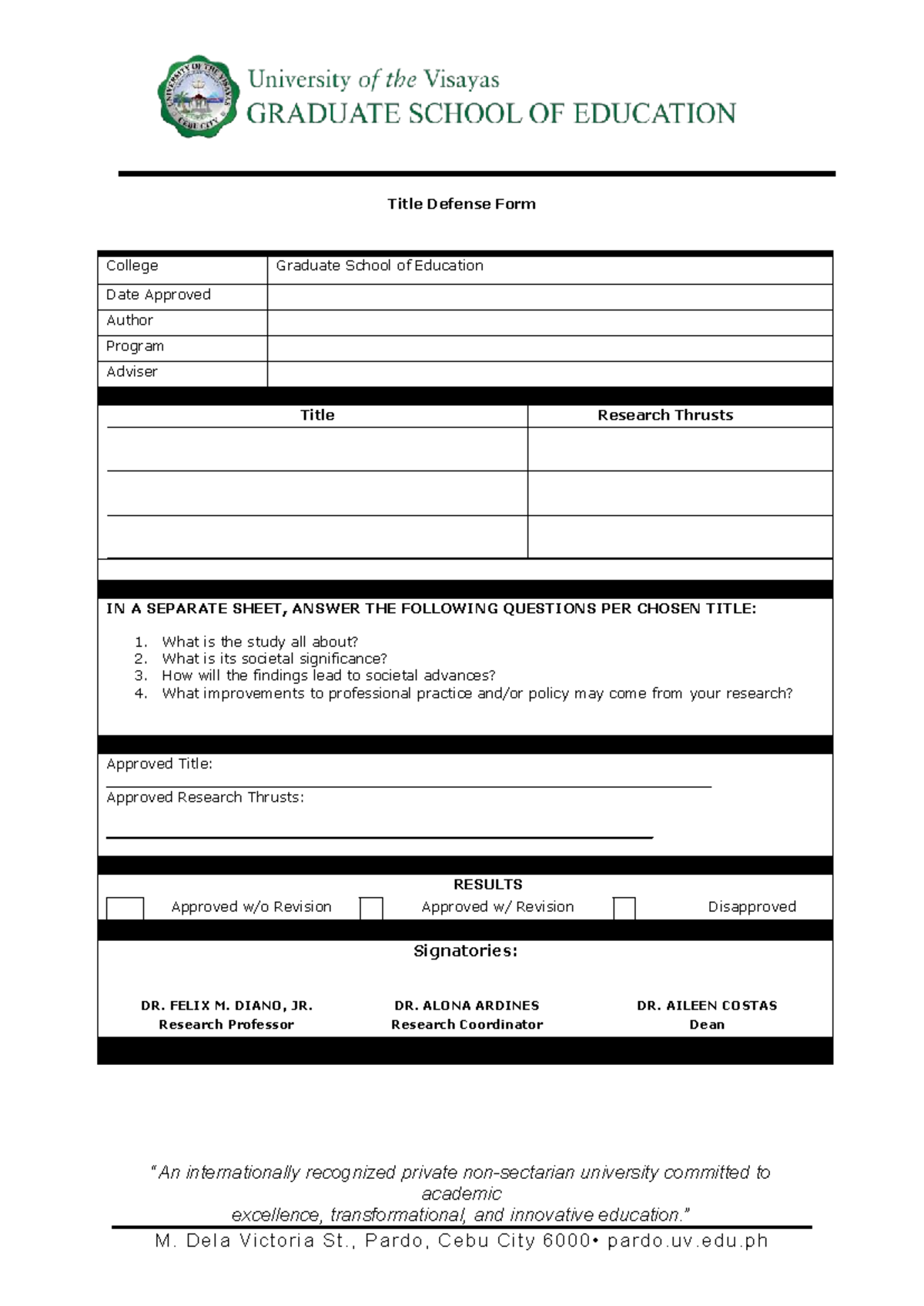 Title Defense Form - Graduate School of Education AY 24-25 - Studocu