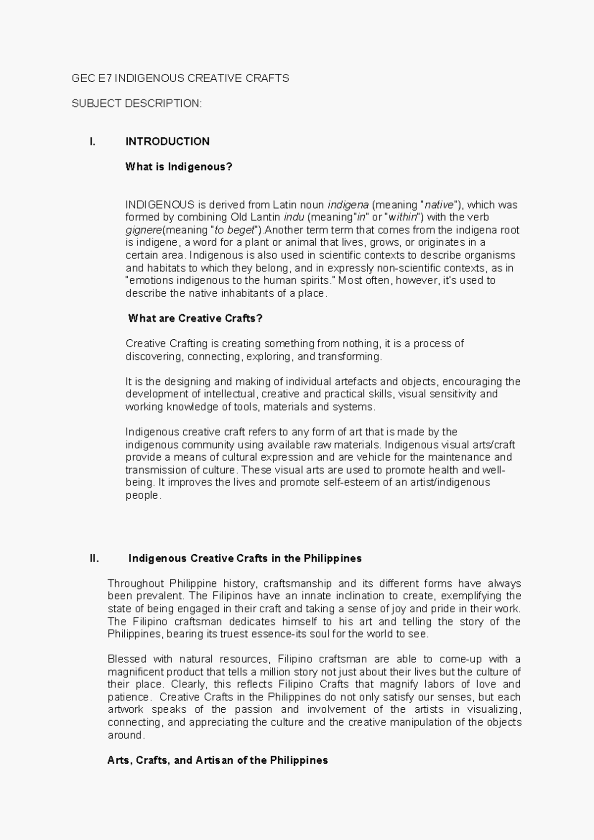 GEC E7 Indigenous Creative Crafts: Introduction and Overview - Studocu