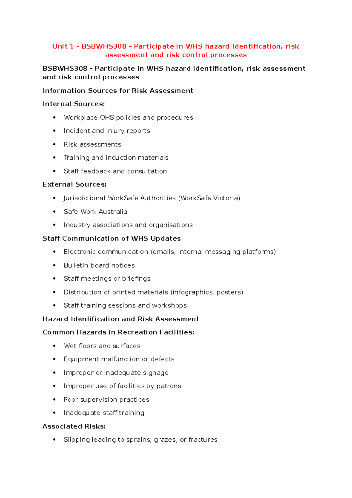 Unit 1 Summary Notes for BSBWHS308: WHS Hazard Identification & Risk ...