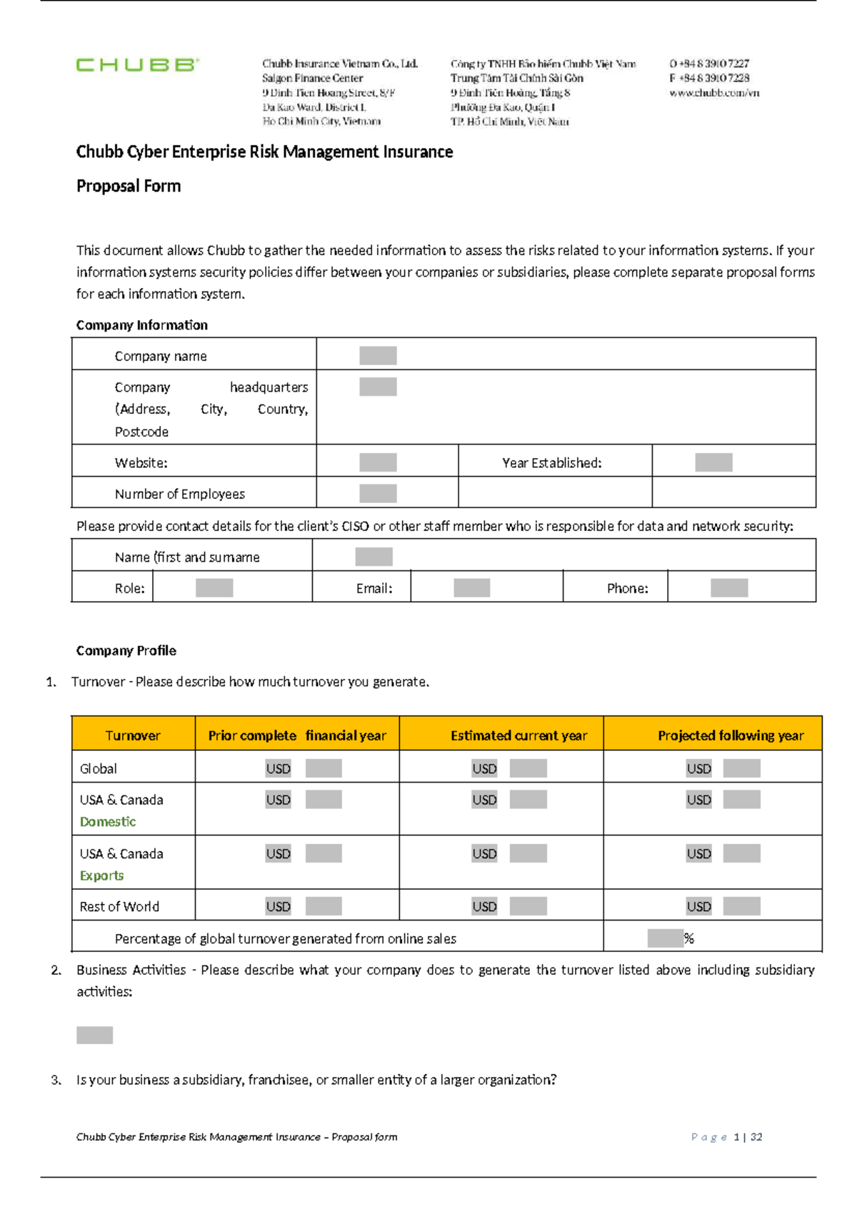 Chubb Cyber ERM Insurance Proposal Form: Risk Assessment Details - Studocu