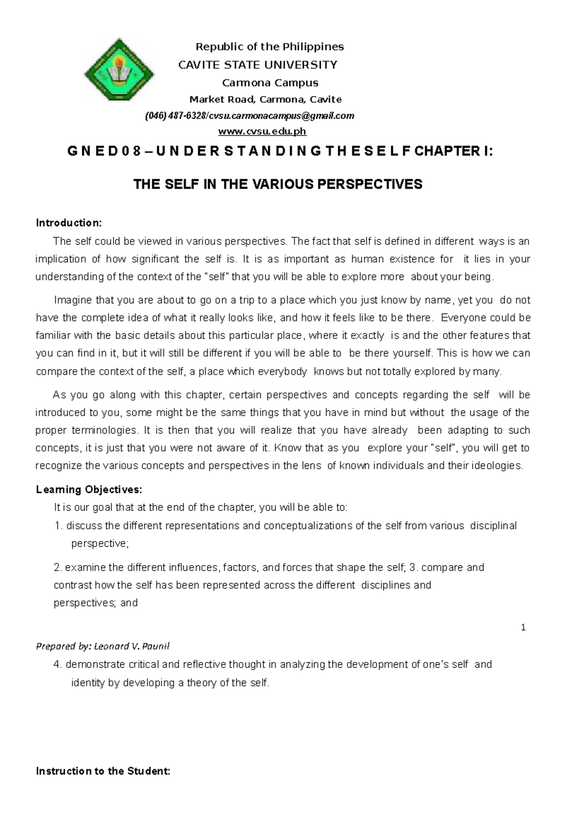 GNED 08 - Understanding the Self: Chapter I - Perspectives on Self - Studocu