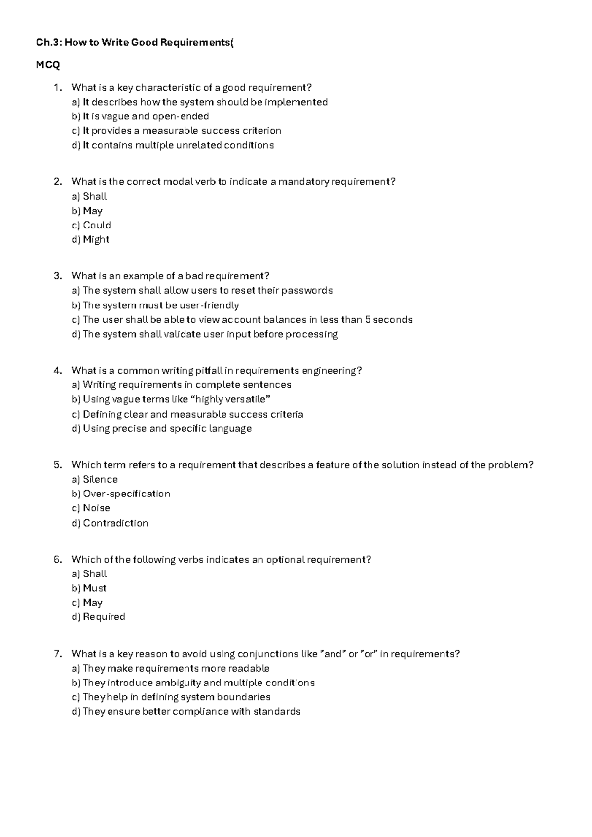 Ch.3: Writing Effective Requirements - MCQ & True/False Questions - Studocu