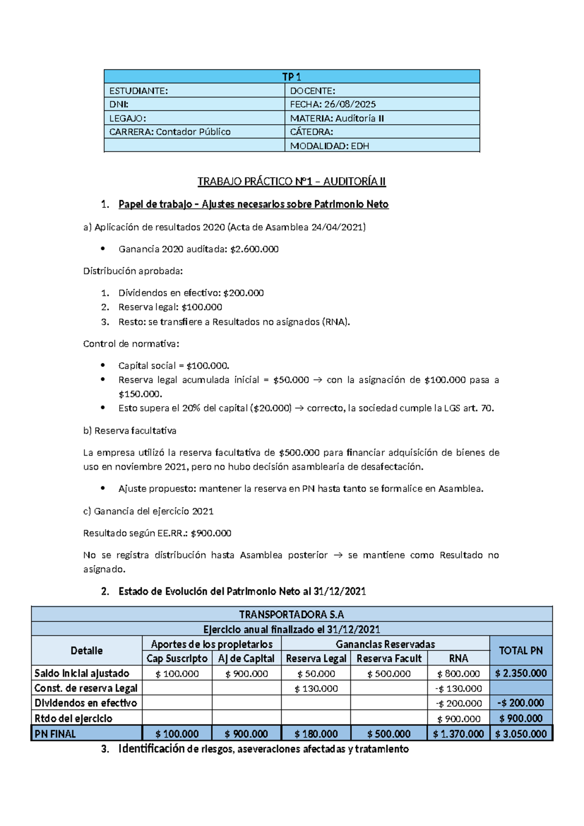 TP 1 - Auditoría II: Ajustes sobre Patrimonio Neto y Riesgos - Studocu