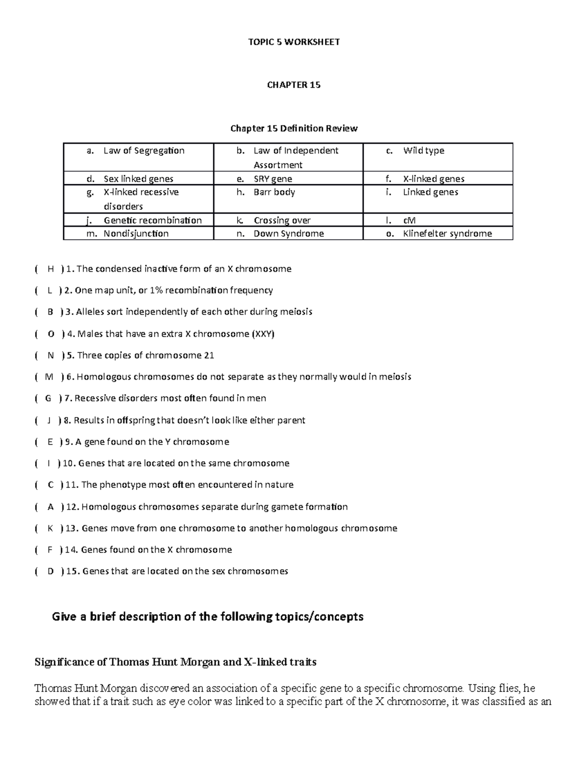 BIO 181 Homework WK11 Ch 15 Neal - TOPIC 5 WORKSHEET CHAPTER 15 Chapter ...