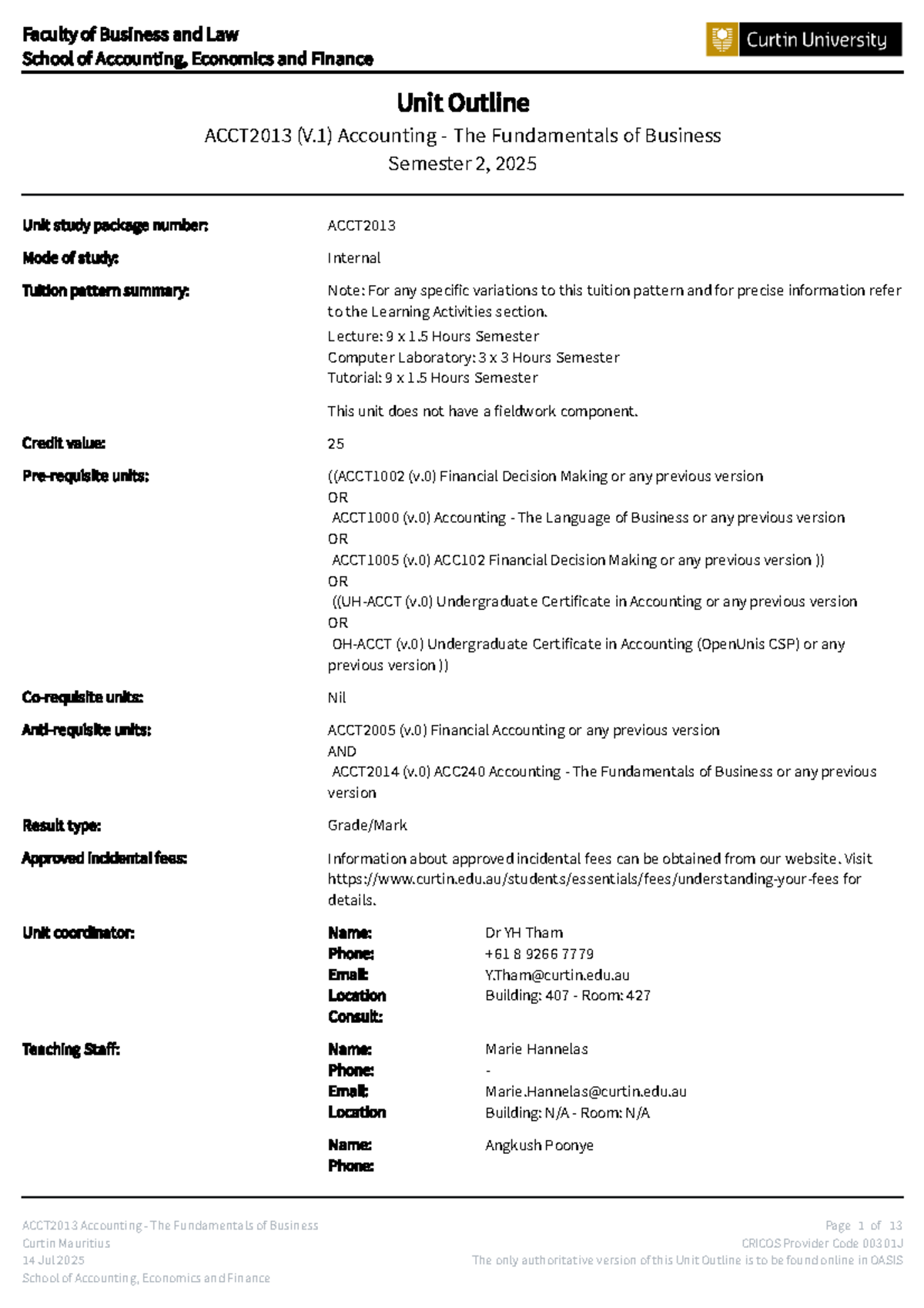 ACCT2013 Unit Outline: Accounting Fundamentals for Semester 2, 2025 ...